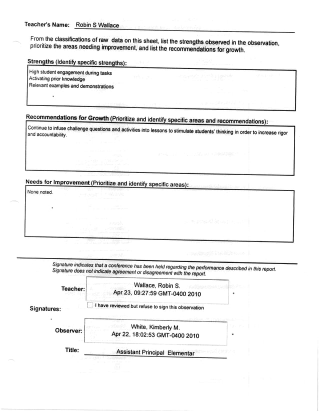 Robin Wallace Observatin and EOY Performance Appraisal | PDF