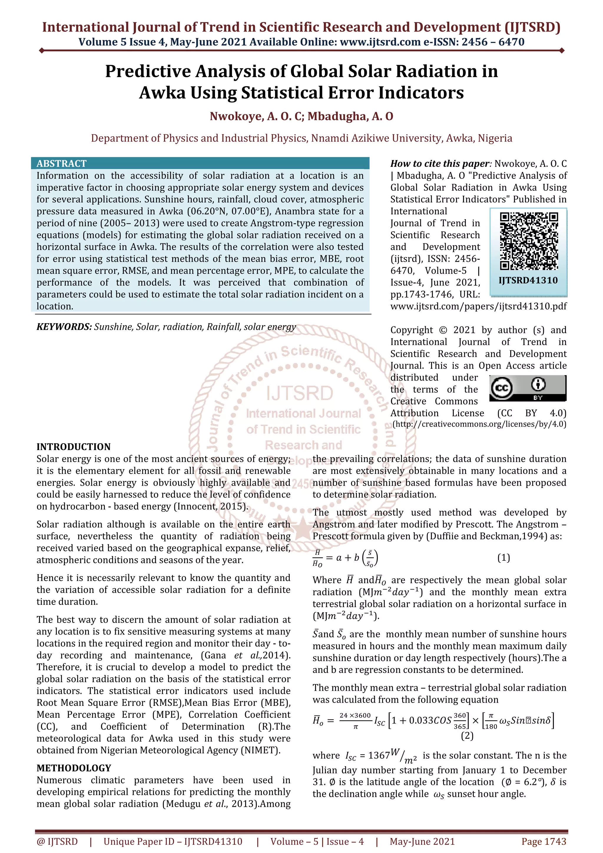 Predictive Analysis of Global Solar Radiation in Awka Using Statistical ...