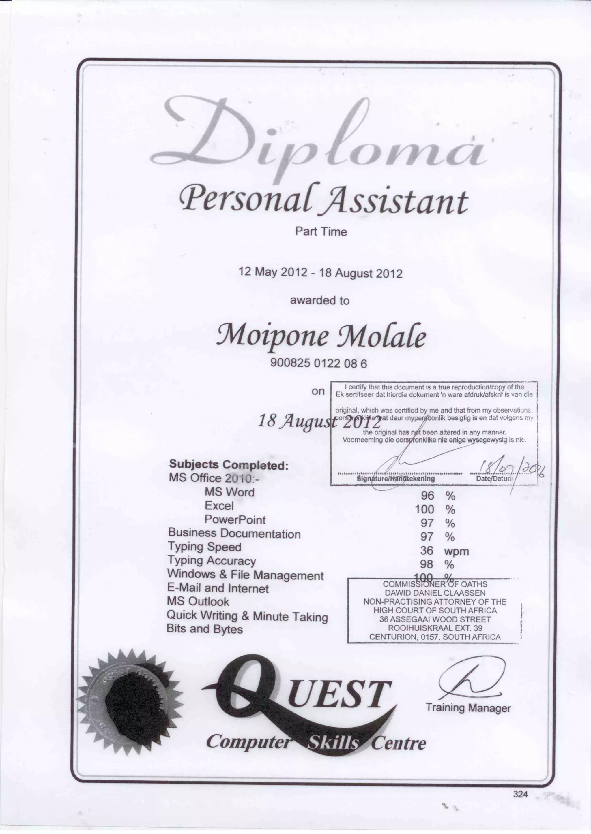 Moipone Molale's Diploma PA | PDF