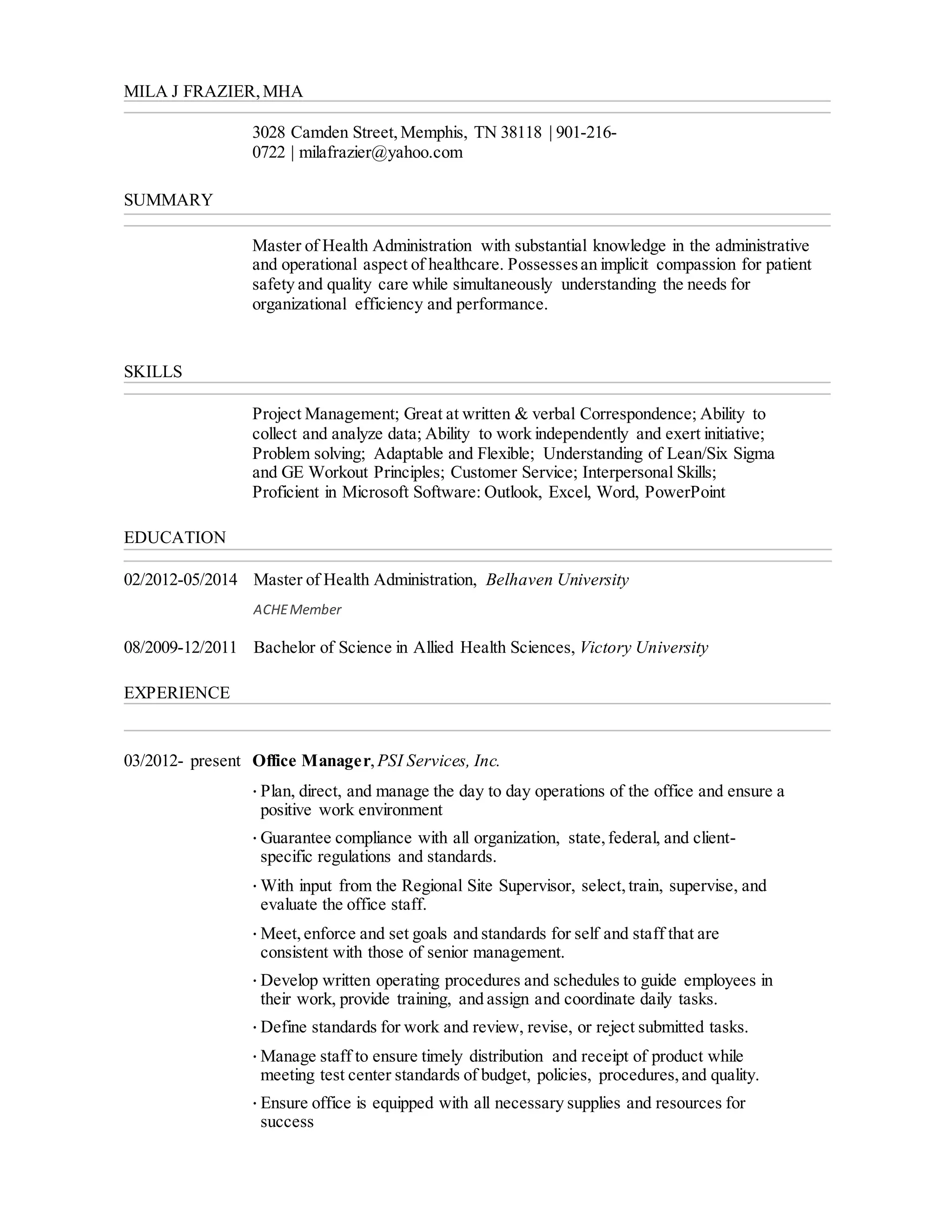 Mila J Frazier, MHA | PDF