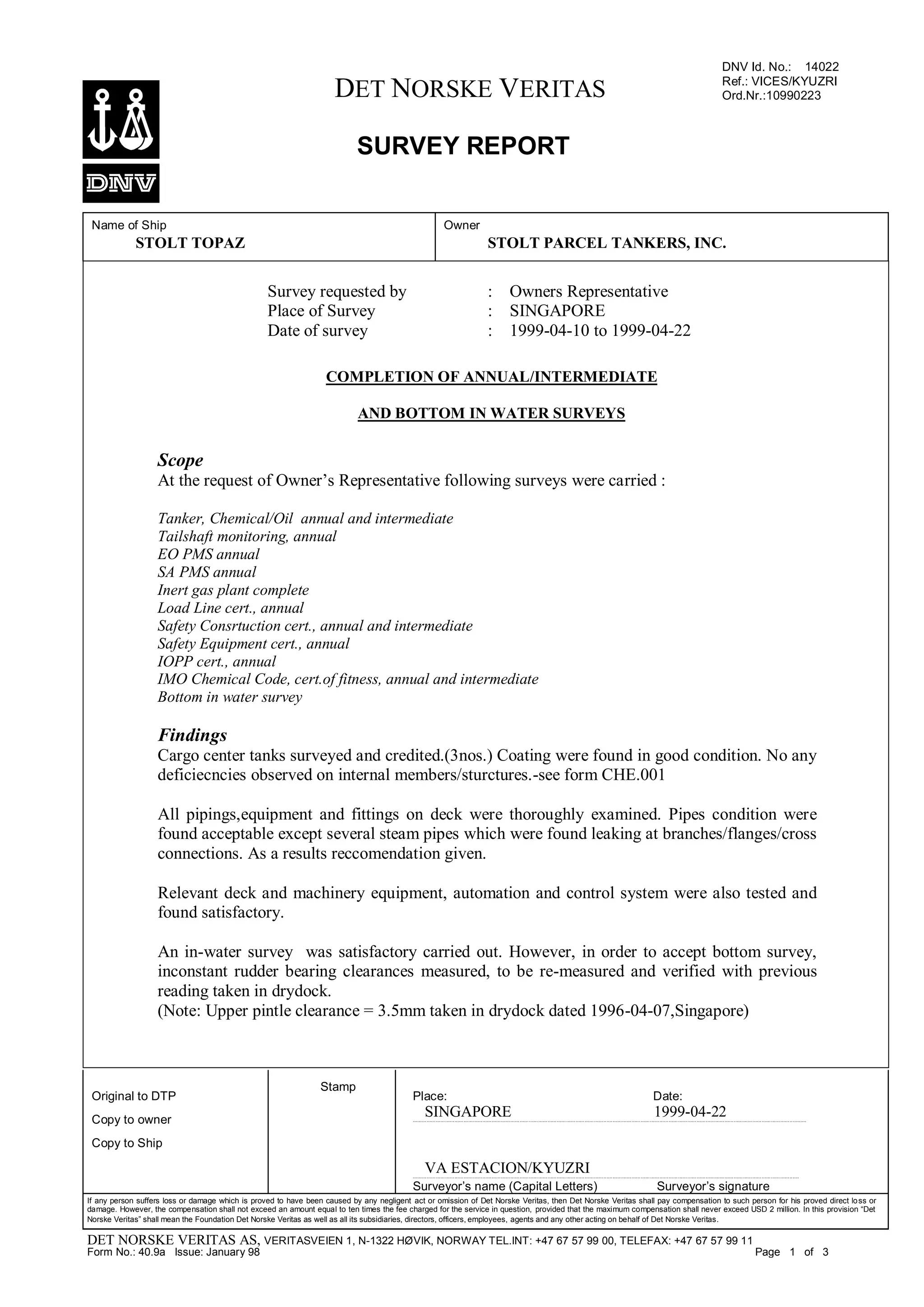 DNV Survey Report_STOLT TOPAZ_Annual&Intermediate Survey | PDF