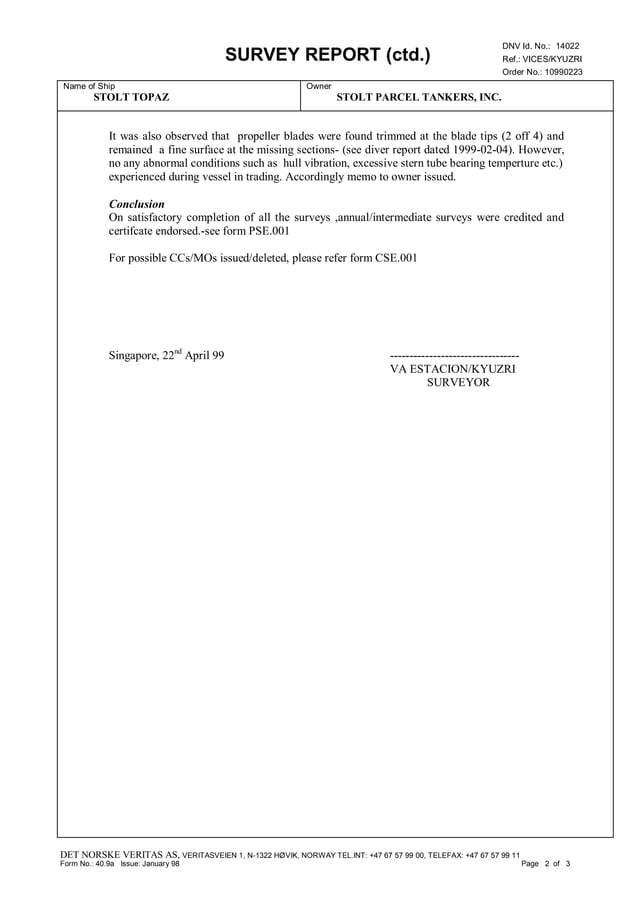 DNV Survey Report_STOLT TOPAZ_Annual&Intermediate Survey | PDF