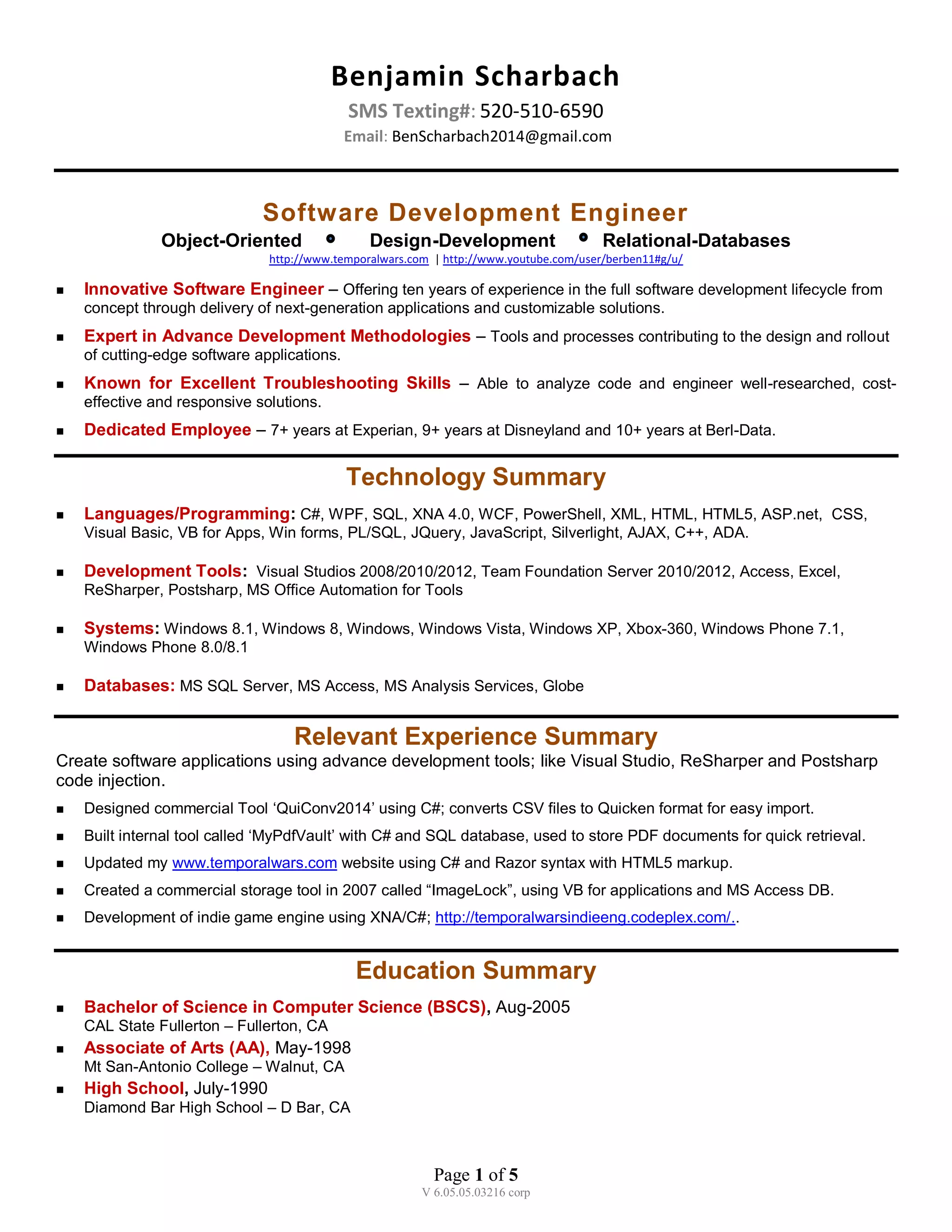 BenScharbach_CorpResume_03202016 | PDF | Databases | Computer Software and Applications