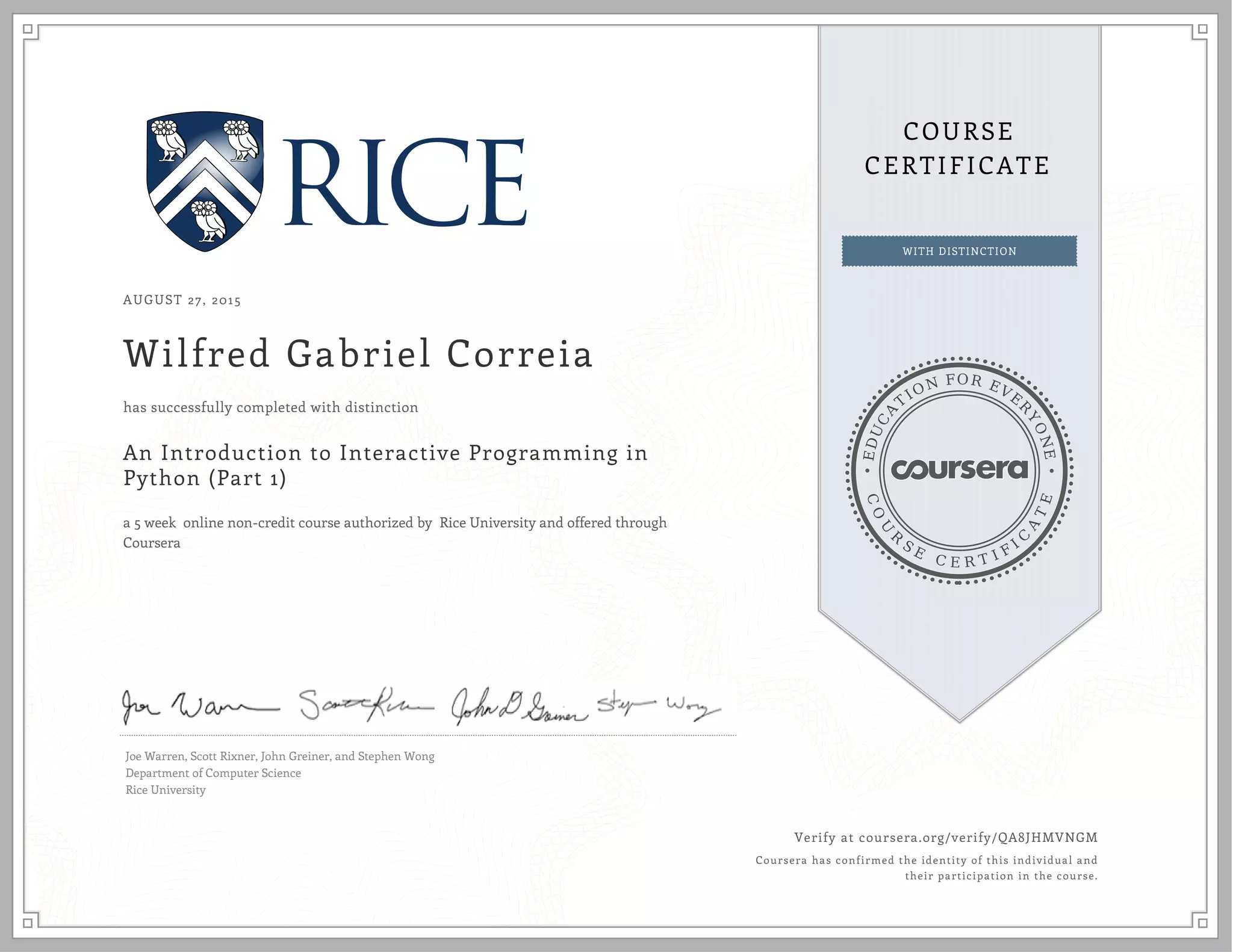 Rice University_Python_Part 1_Certificate | PDF | Education