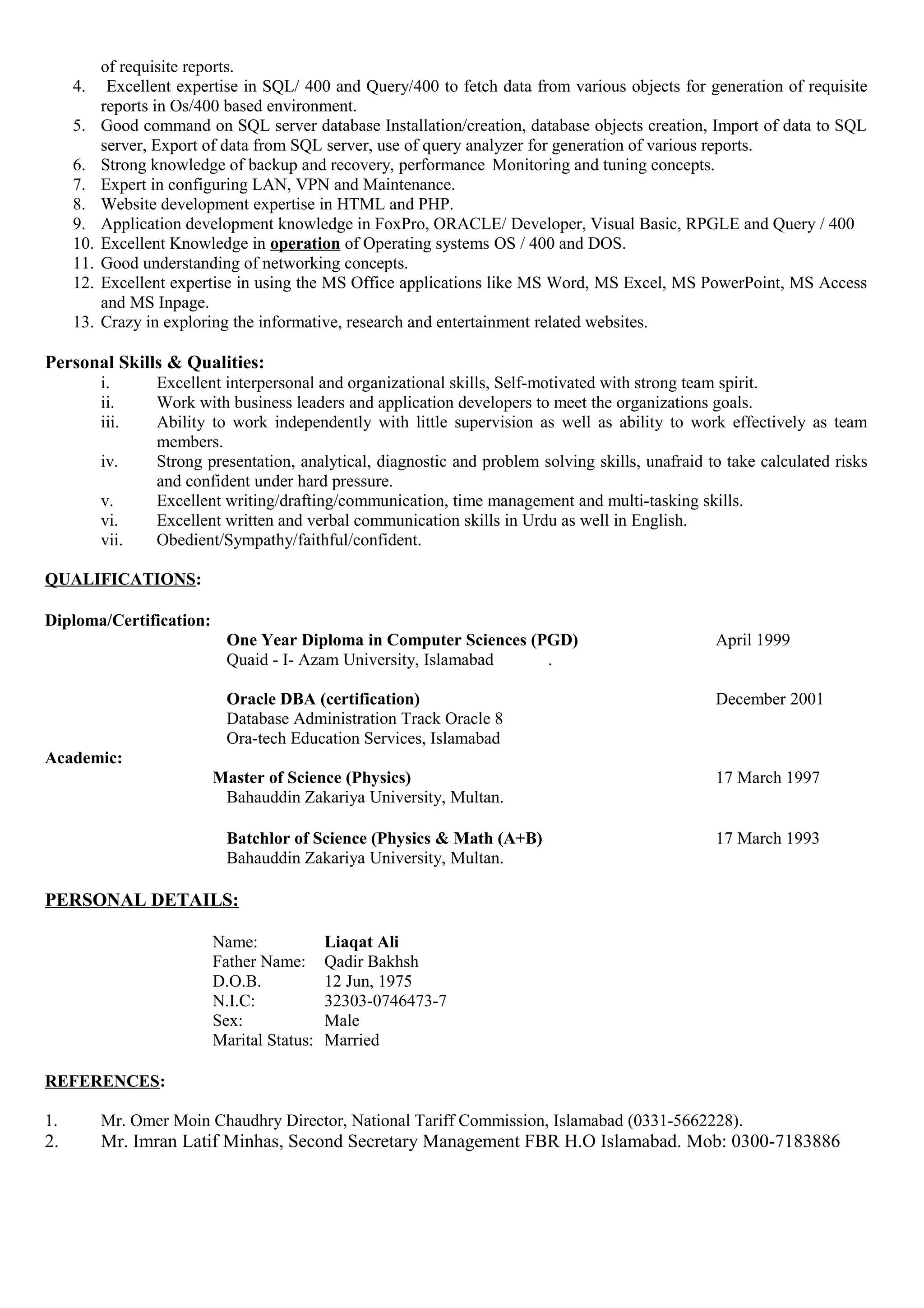 CURRICULUM VITAE-LIAQAT ALI | DOC