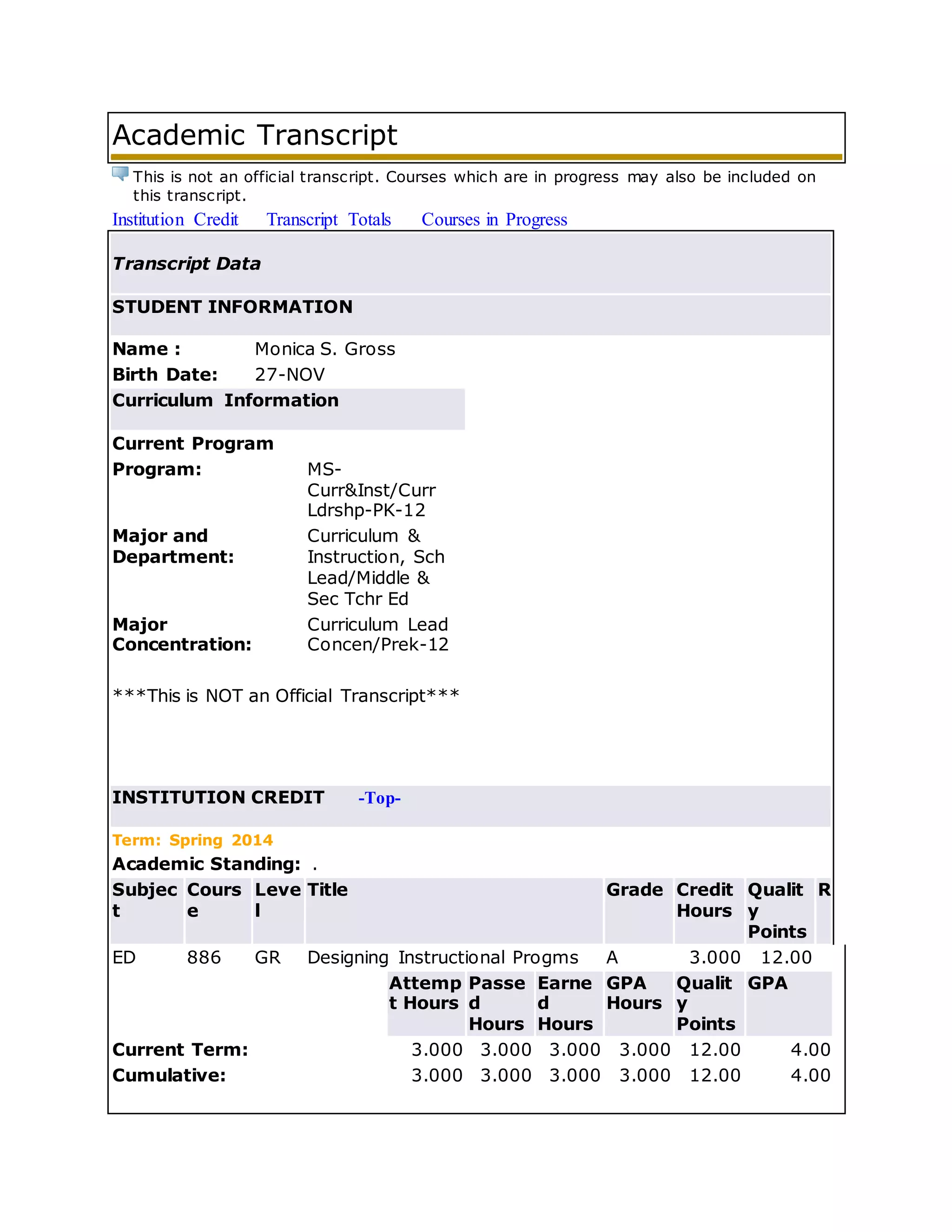 Graduate Unofficial Transcript | DOCX
