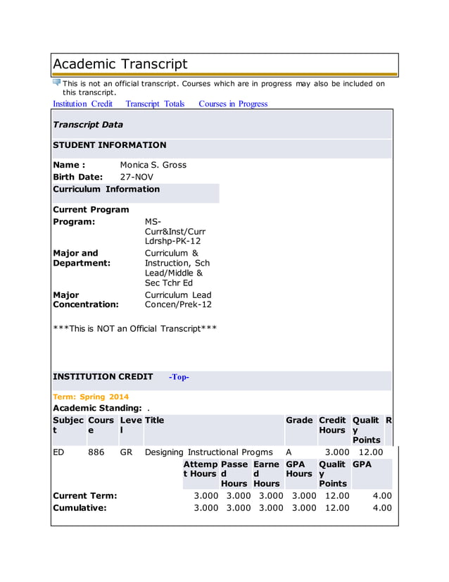 Graduate Unofficial Transcript | DOCX | Educational Assessment | Education