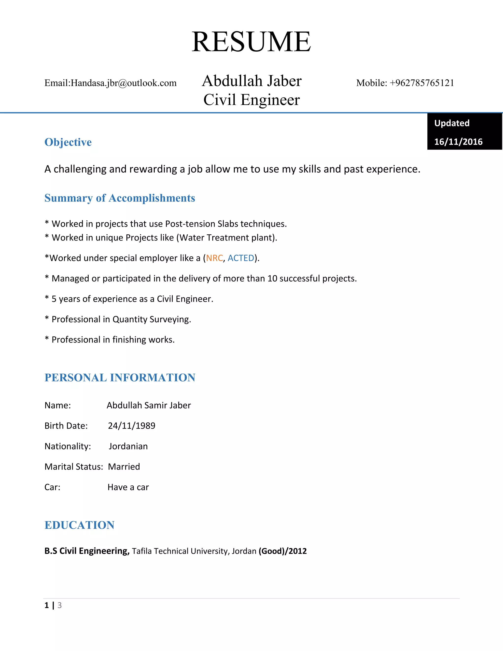 Abdullah Jaber Civil Eng CV EXP. 5 yrs | PDF