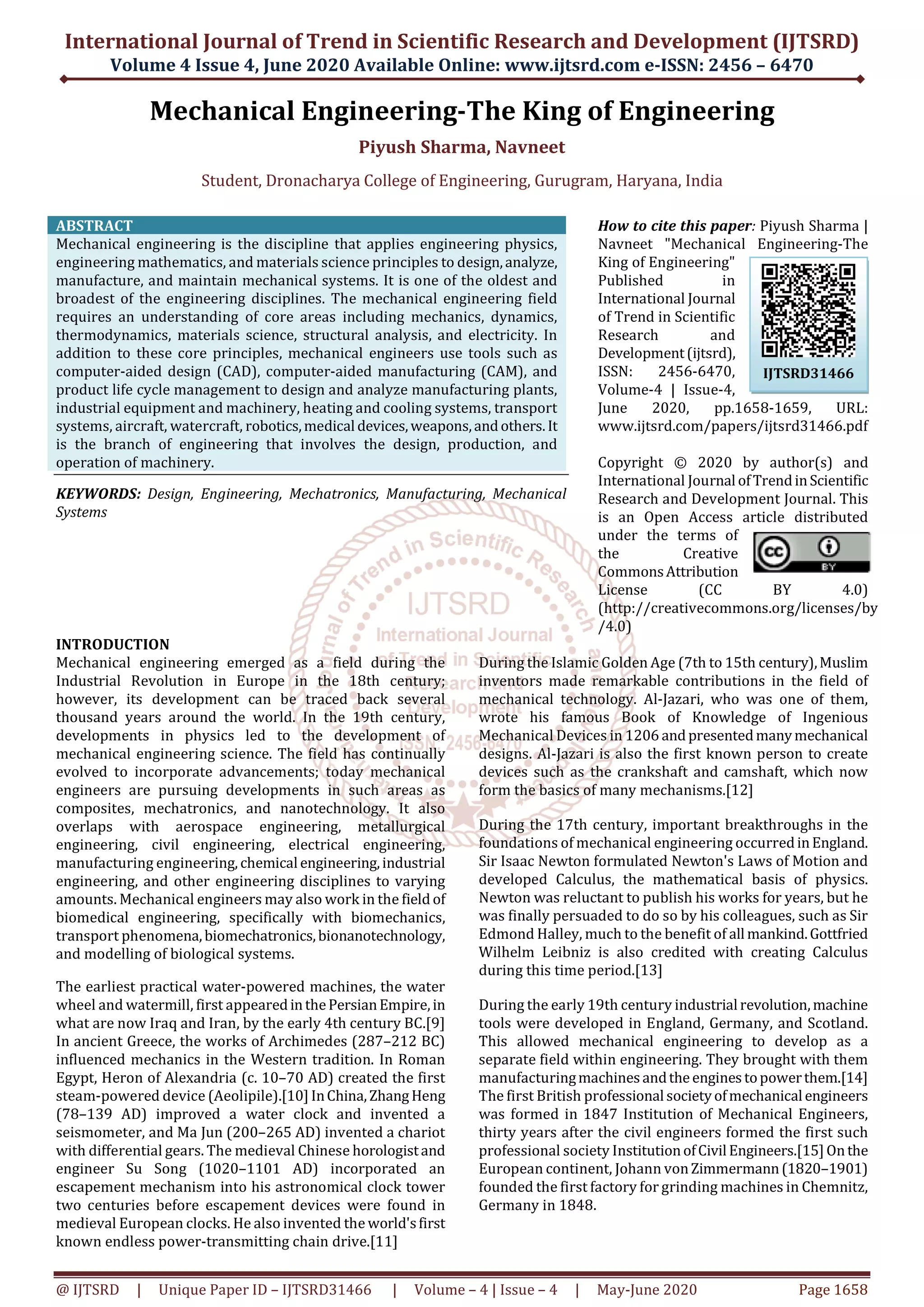 Mechanical Engineering The King of Engineering | PDF