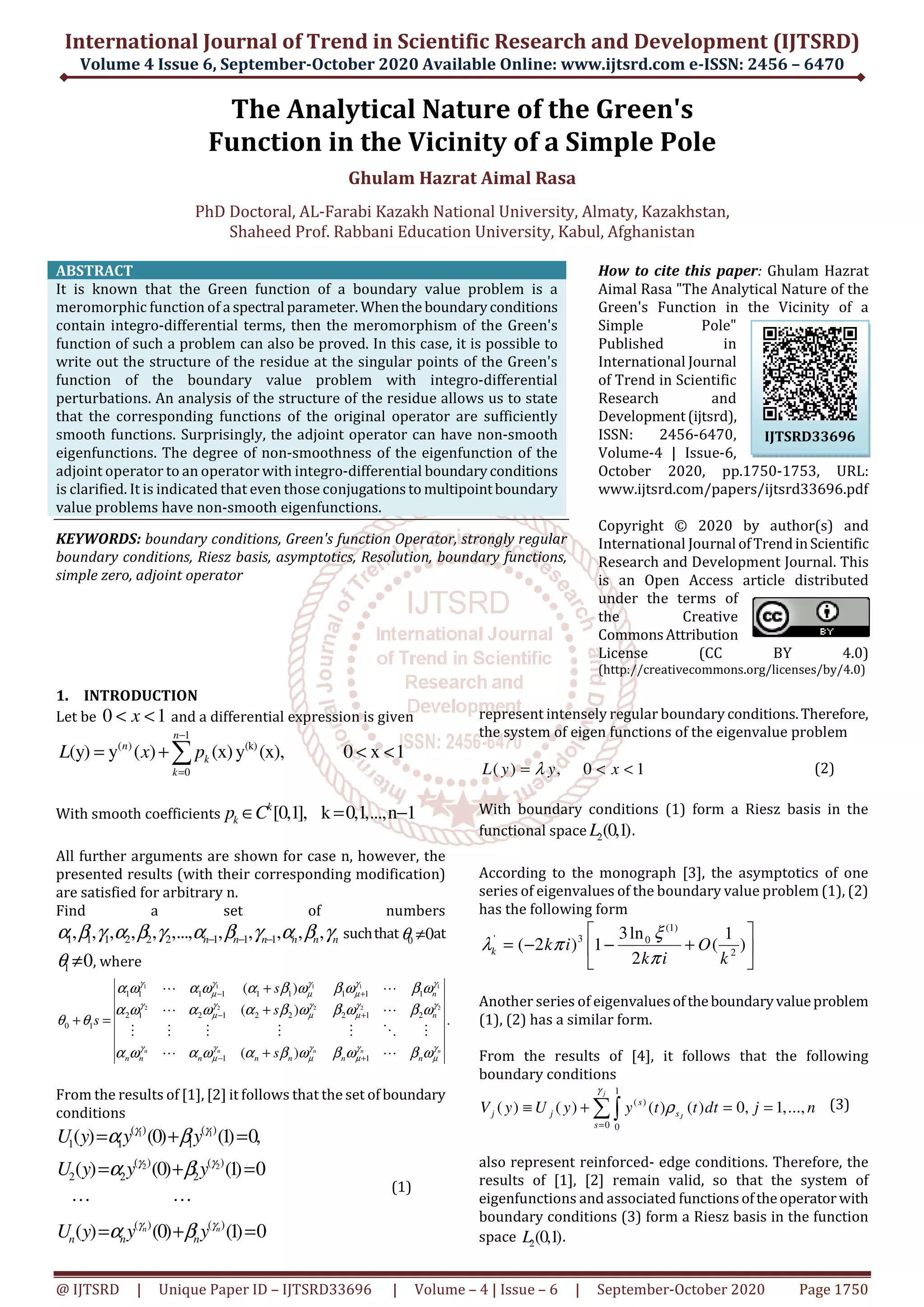 The Analytical Nature of the Greens Function in the Vicinity of a ...