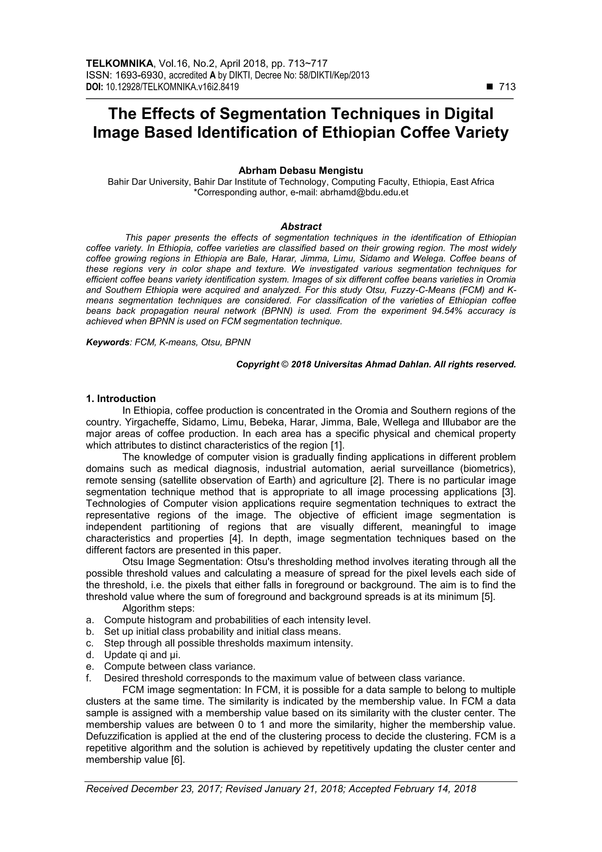 The Effects of Segmentation Techniques in Digital Image Based Identification of Ethiopian Coffee ...