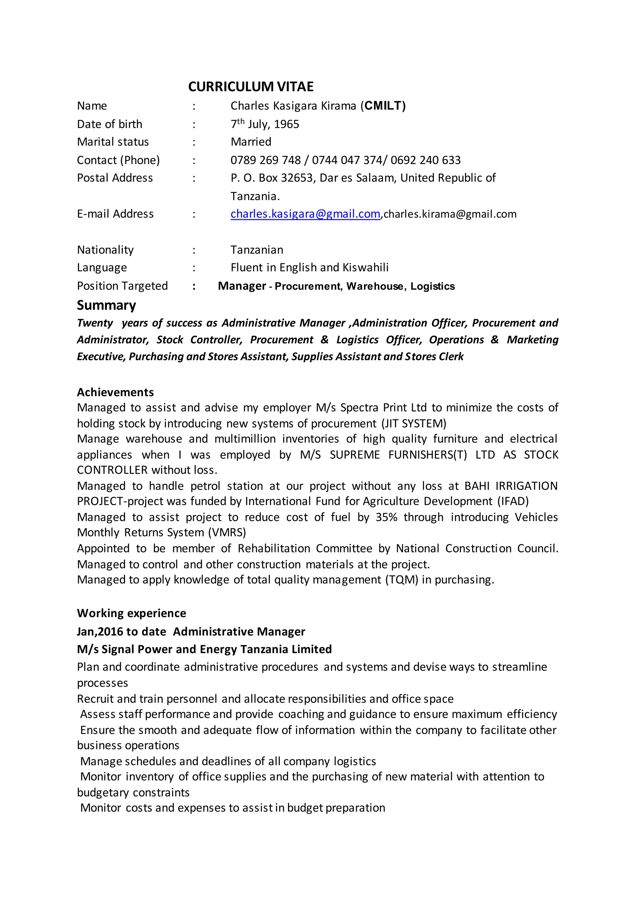 Mr Charles Kasigara Kirama CV | PDF