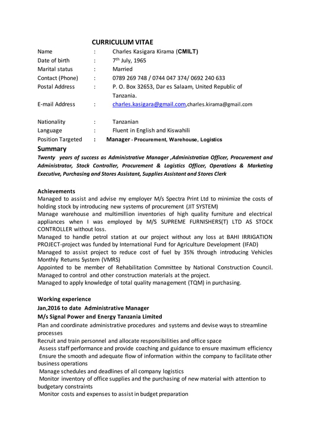 Mr Charles Kasigara Kirama CV | PDF