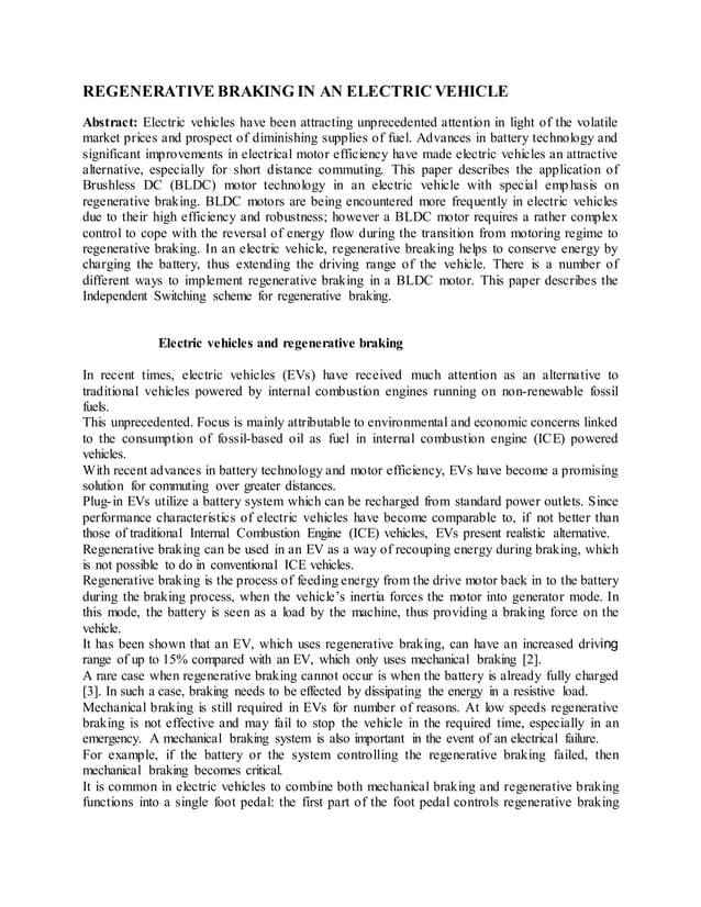 REGENERATIVE BRAKING IN AN ELECTRIC VEHICLE | DOCX