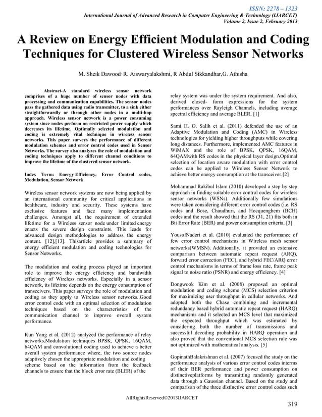 A Review on Energy Efficient Modulation and Coding Techniques for Clustered Wireless Sensor ...