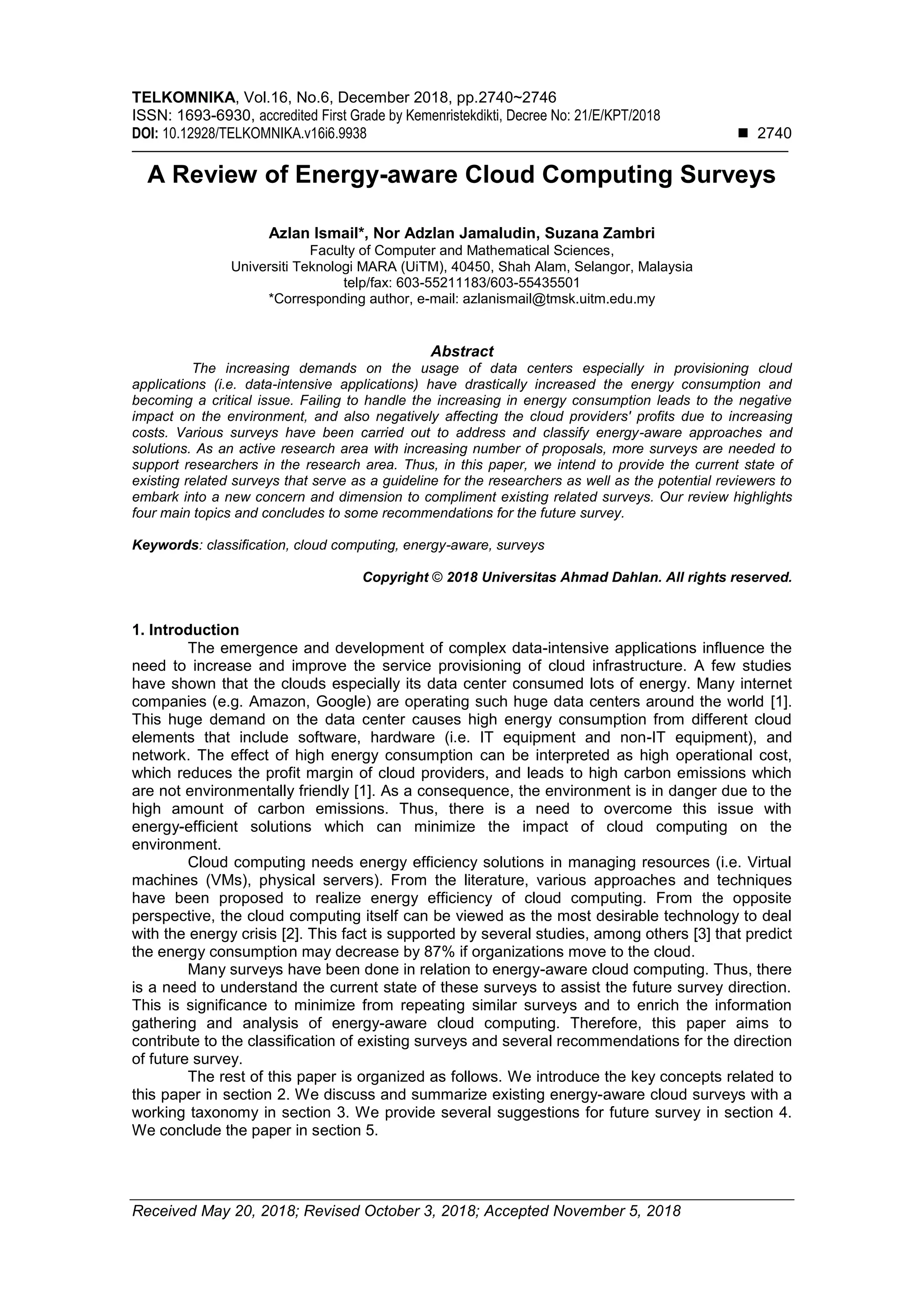 A Review of Energy-aware Cloud Computing Surveys | PDF