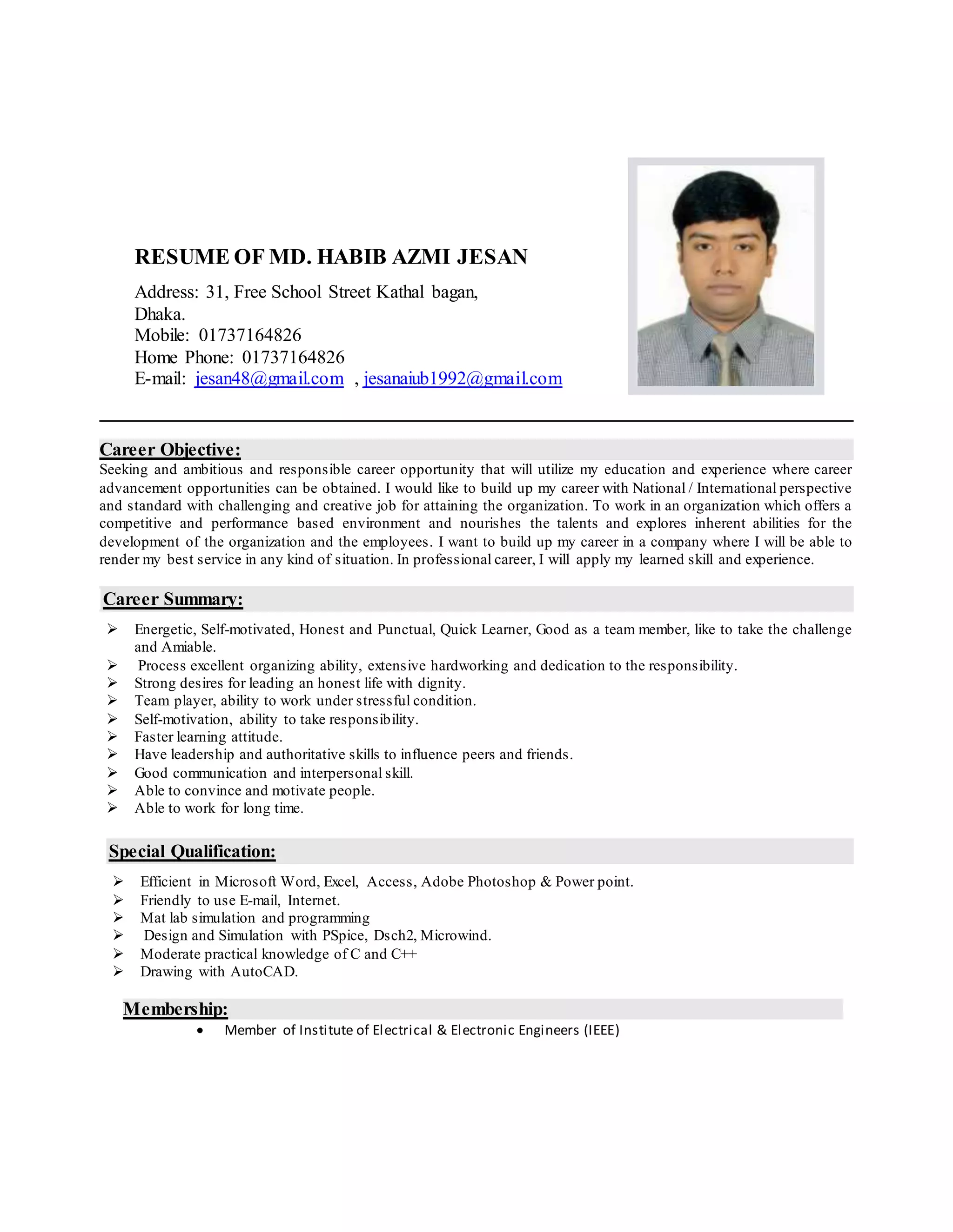 RESUME OF MD. HABIB AZMI JESAN | DOCX