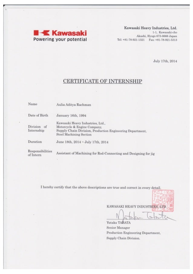 Certificate Kawasaki