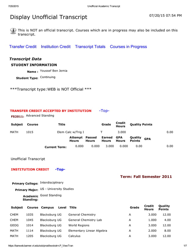 Unofficial Academic Transcipt | PDF