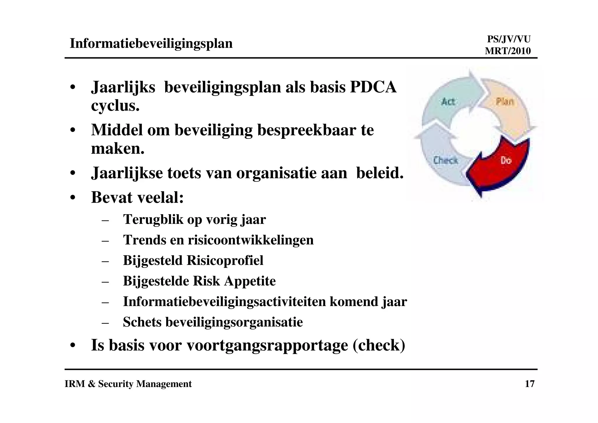 VU Information Risk Management Security Management 2010 JvdV | PDF