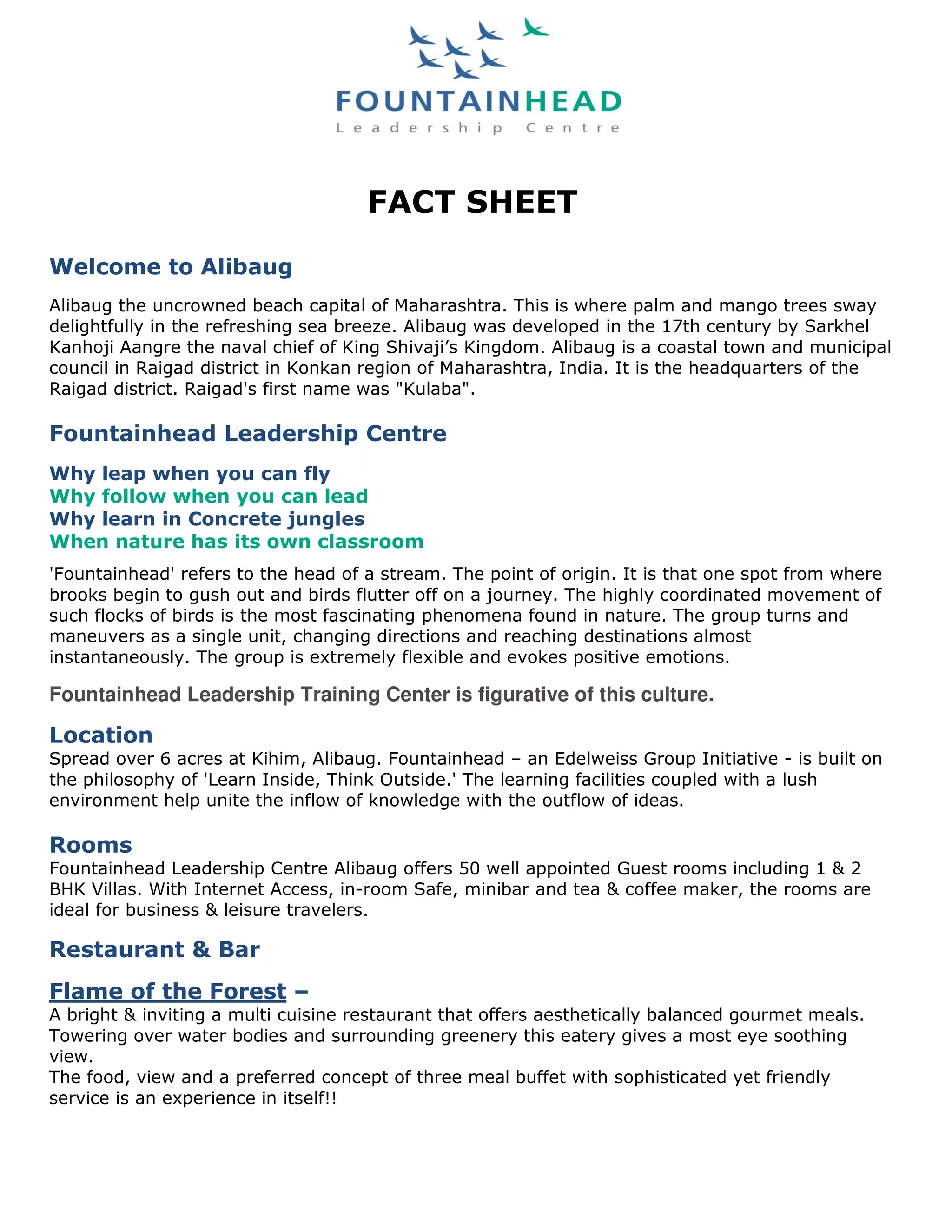 Fact Sheet - Fountainhead Leadership Centre Alibaug | PDF