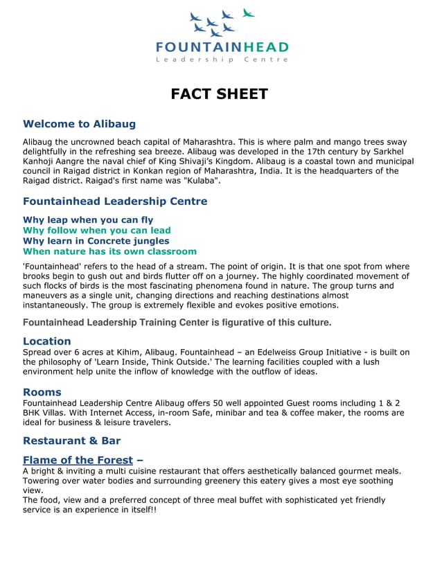 Fact Sheet - Fountainhead Leadership Centre Alibaug | PDF | Bars & Restaurants | Attractions
