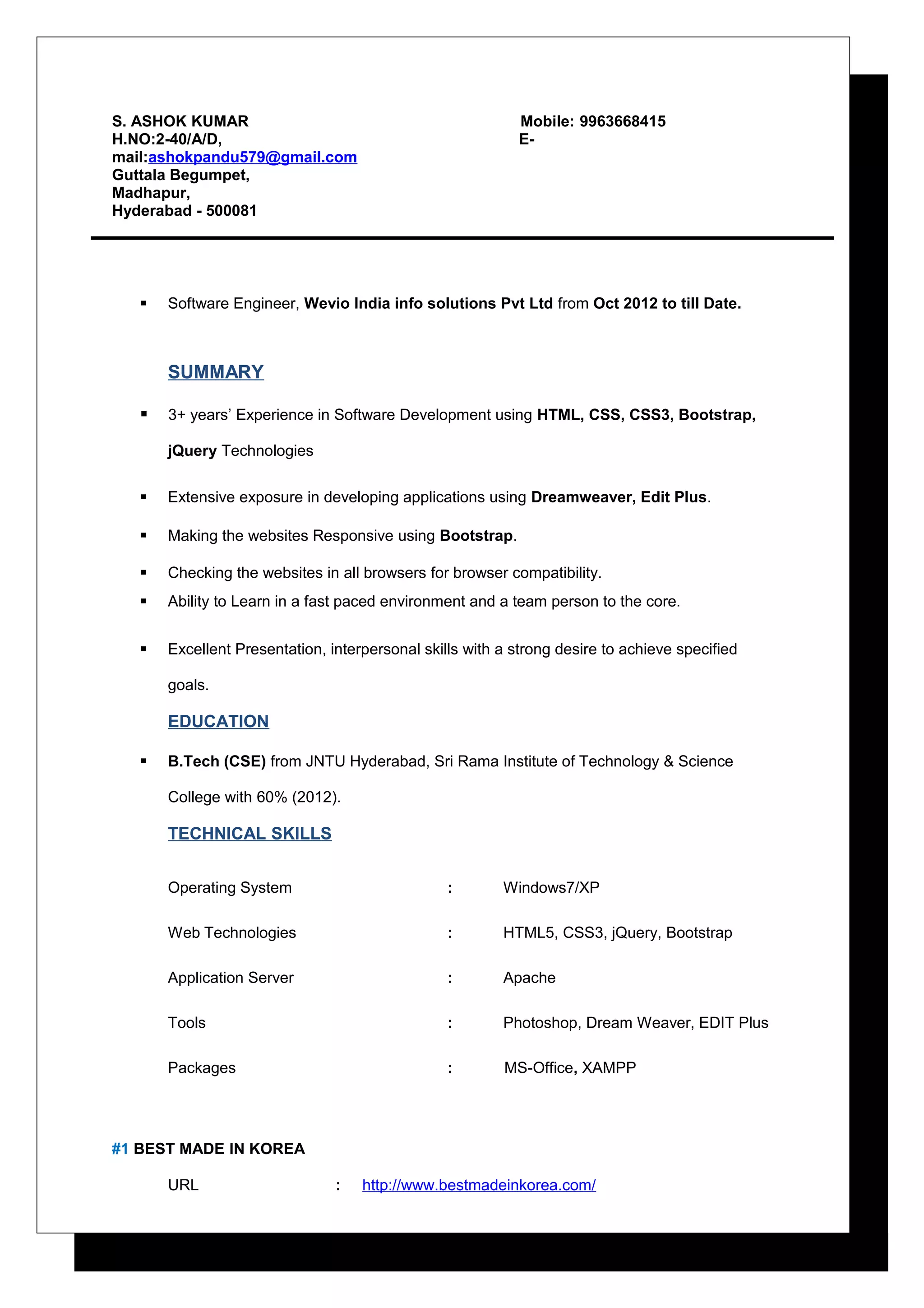 ASHOK KUMAR UI Developer Resume | DOC