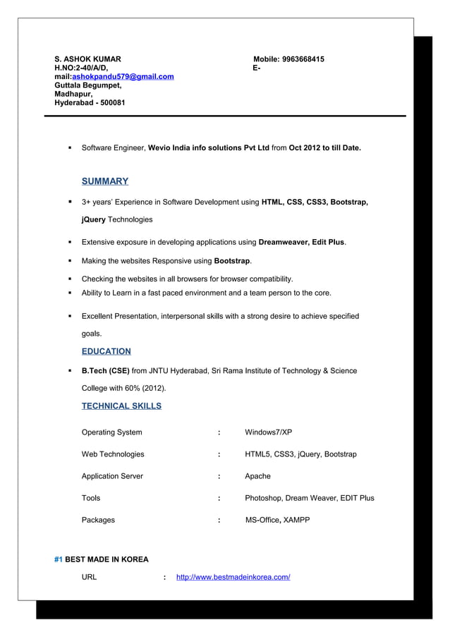 ASHOK KUMAR UI Developer Resume | PDF