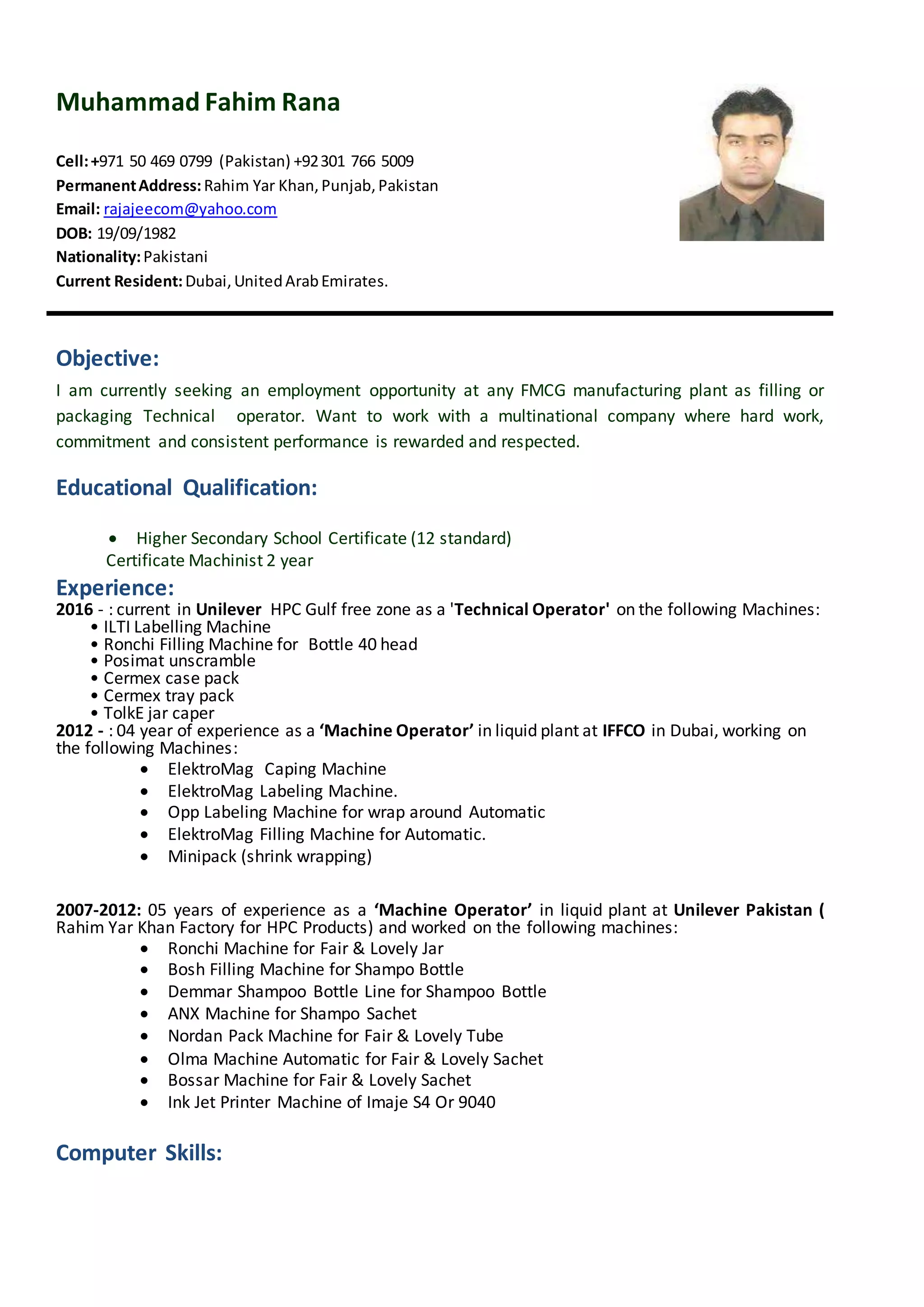 Muhammad Fahim Rana Resume for Machine Operator (3) | DOCX