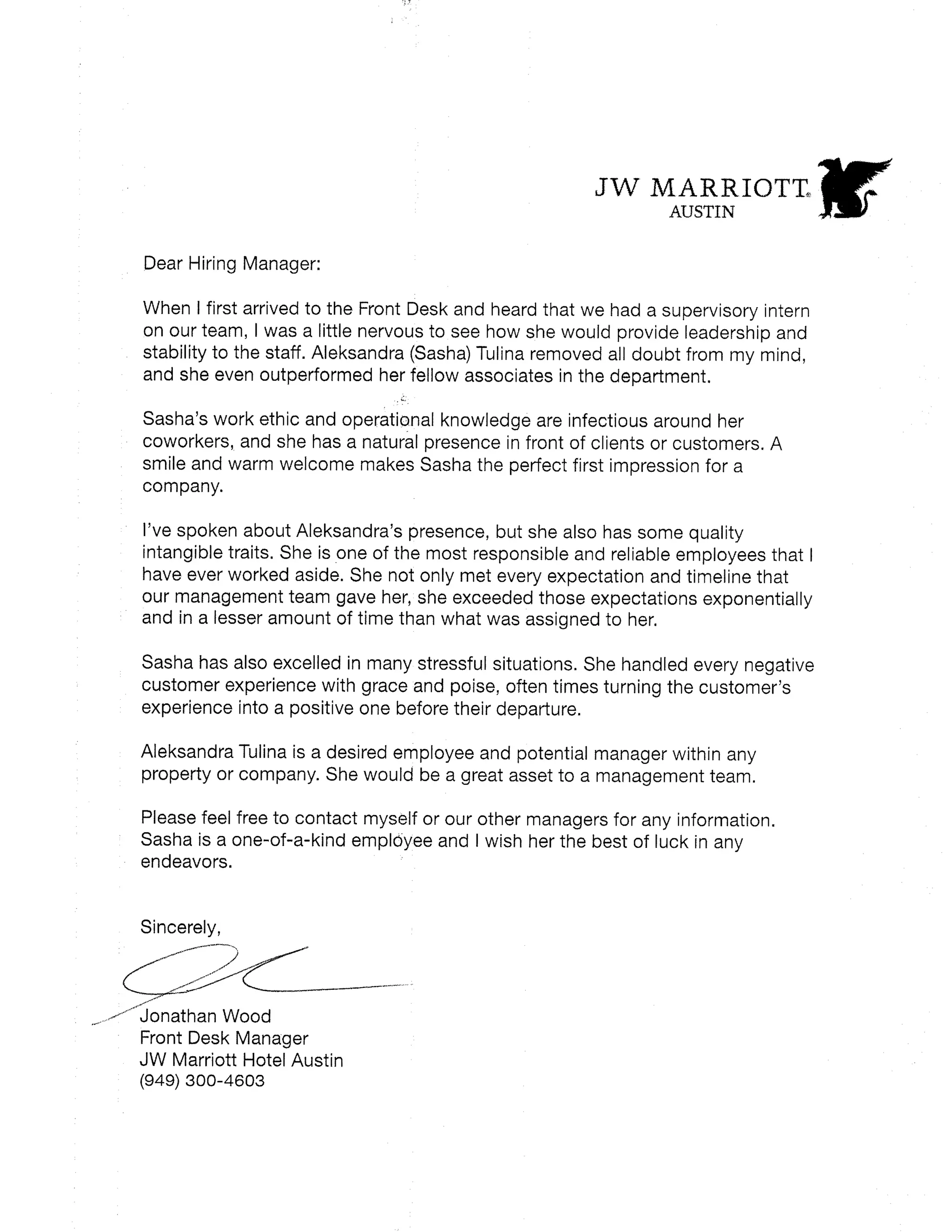 Recommendation letter JW Marriott | PDF