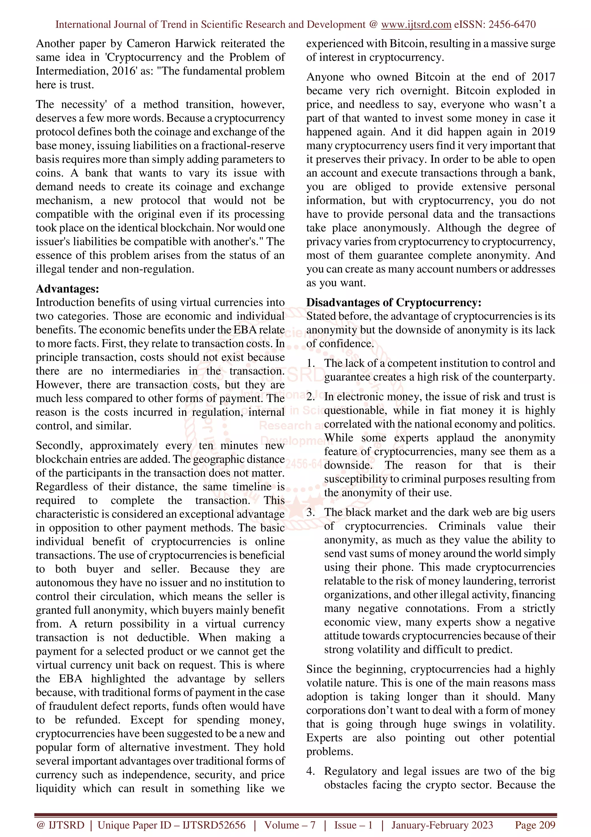 Cryptocurrency Advantages and Disadvantages | PDF