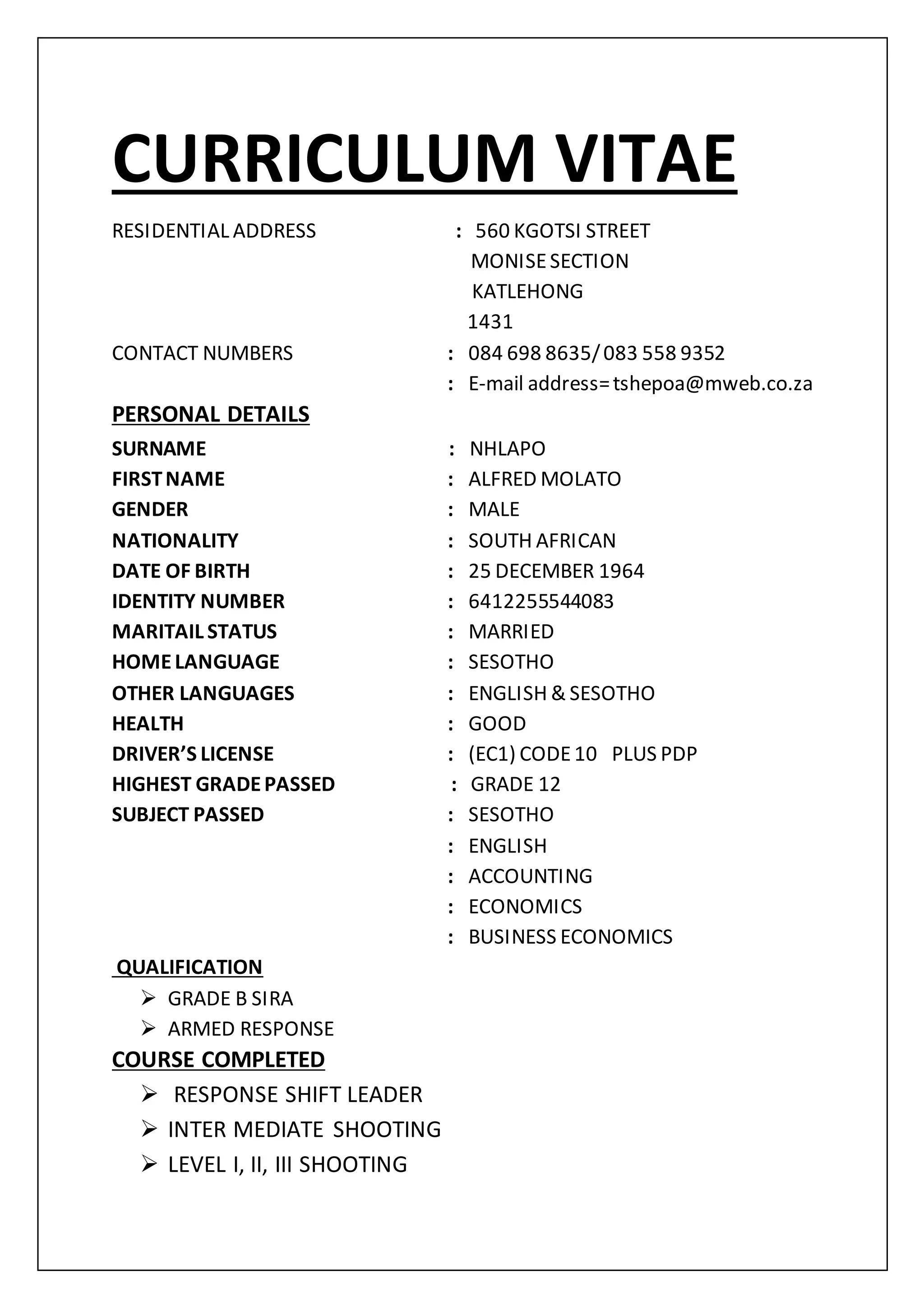 ALFRED MOLATO NHLAPO CV | DOCX