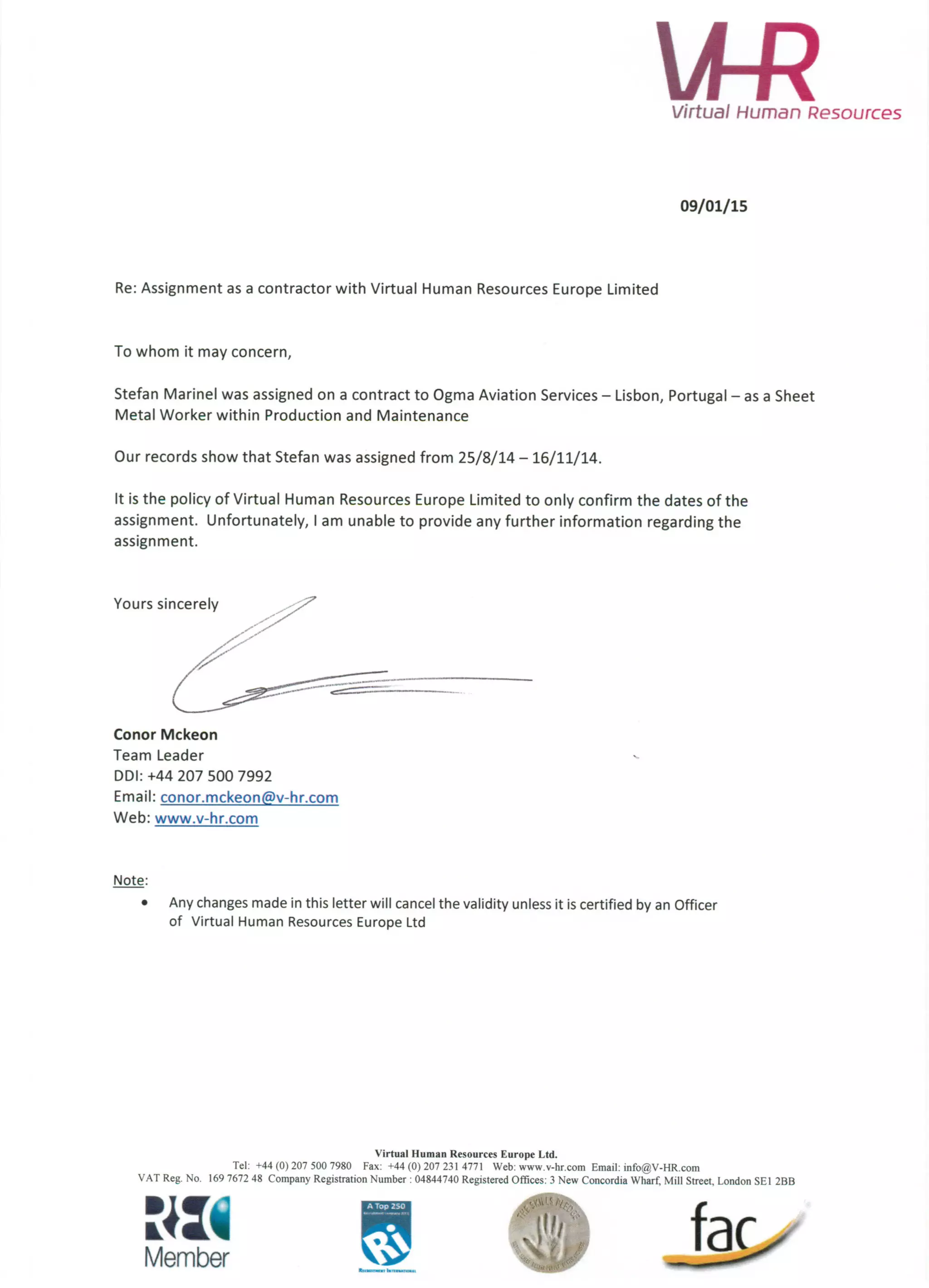 VHR Europe Reference Letter - Stefan Marinel - Copy | PDF