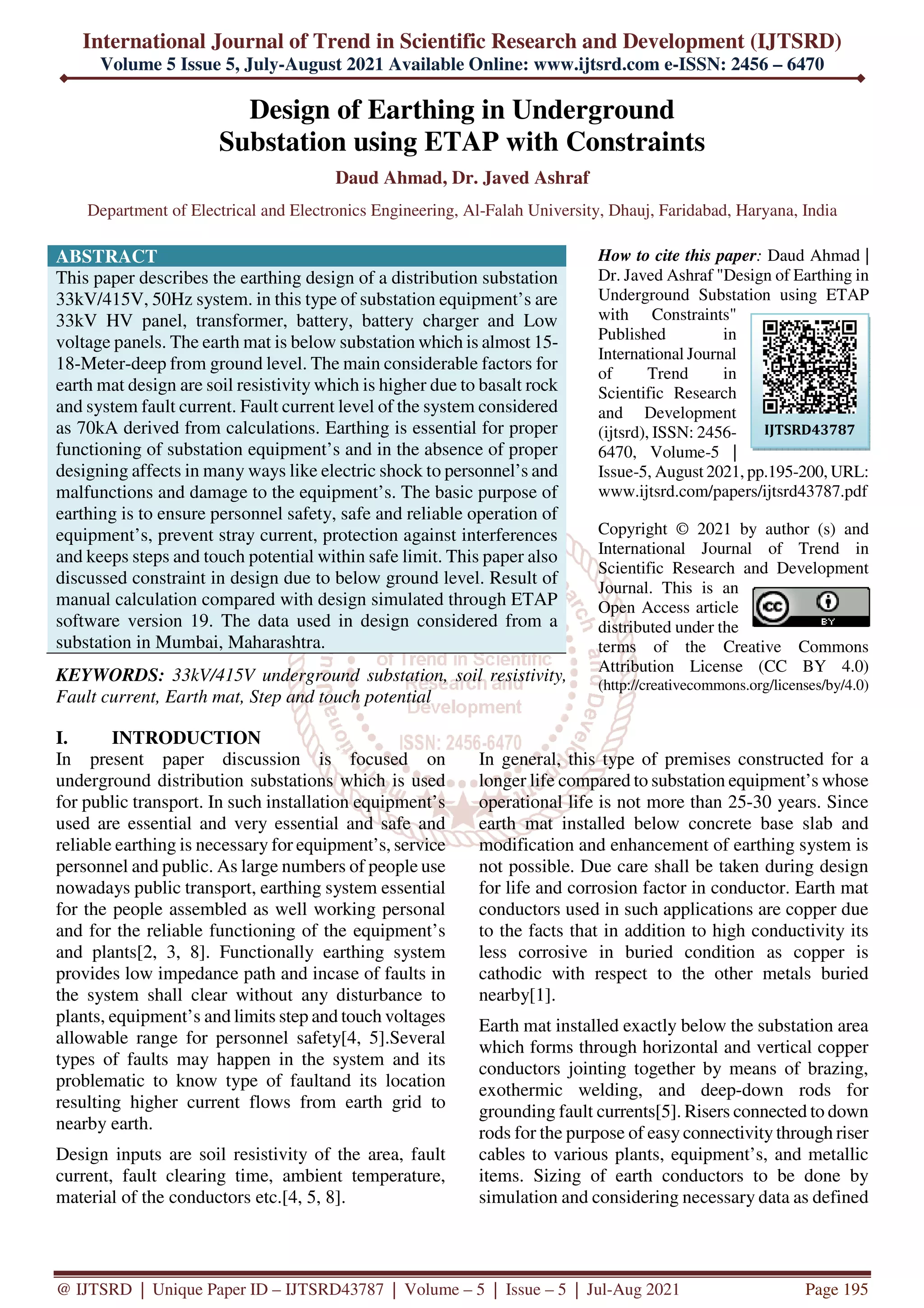 Design of Earthing in Underground Substation using ETAP with ...