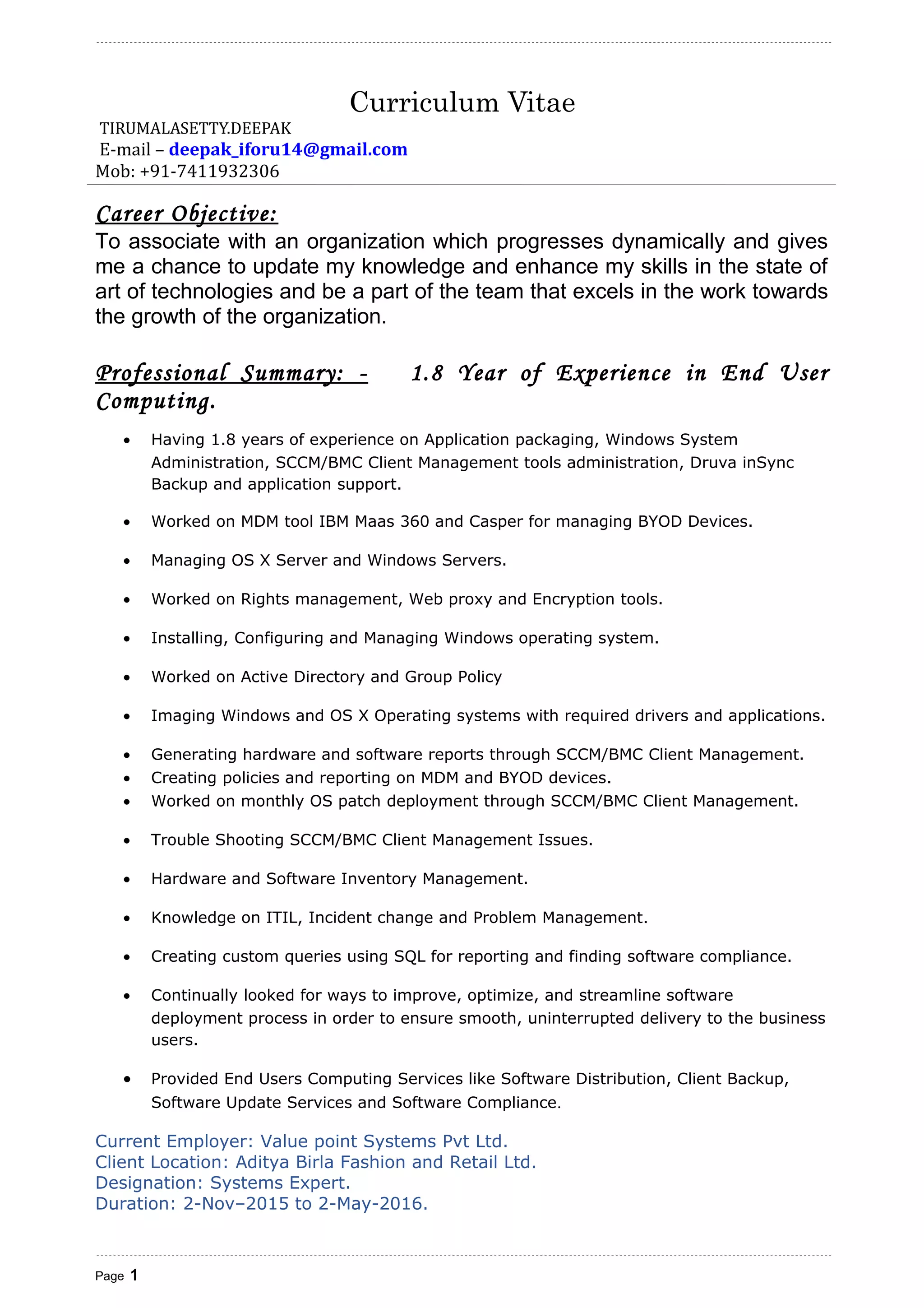 Deepak_CV | DOC | Operating Systems | Computer Software and Applications