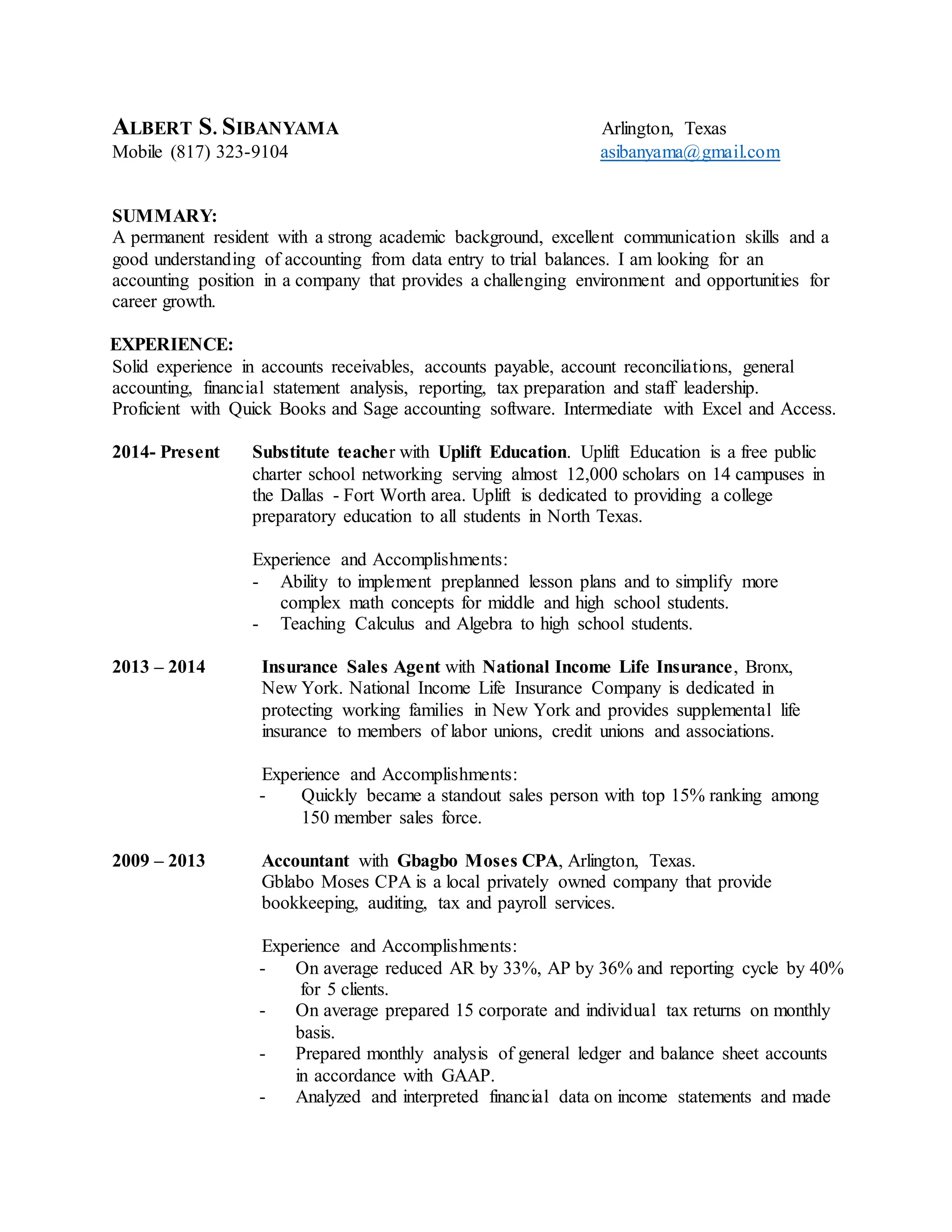 Albert Sibanyama Resume (1) | DOCX
