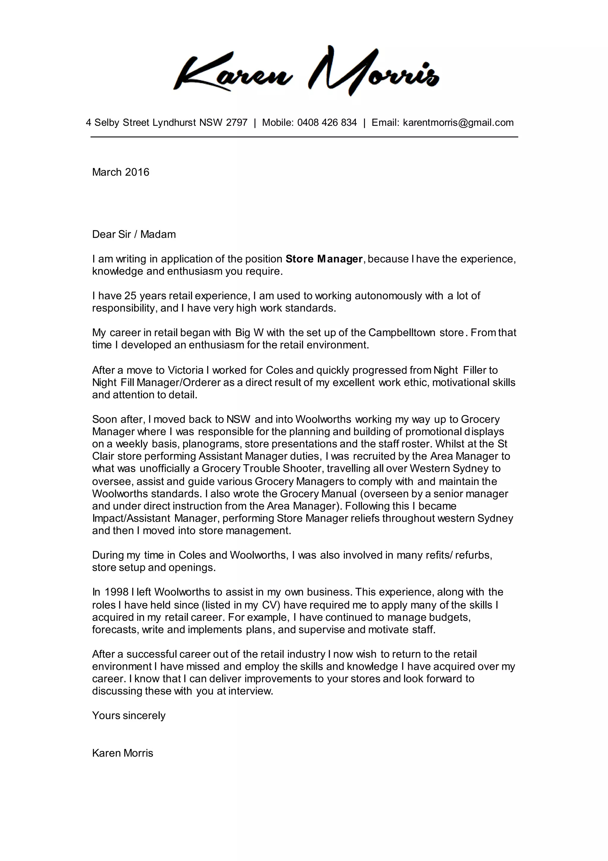 Karen Morris - Retail Intro Cover Letter | DOCX | Retail Industry ...