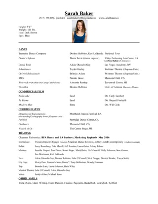 Sarah Baker Commercial Dance Resume | DOCX