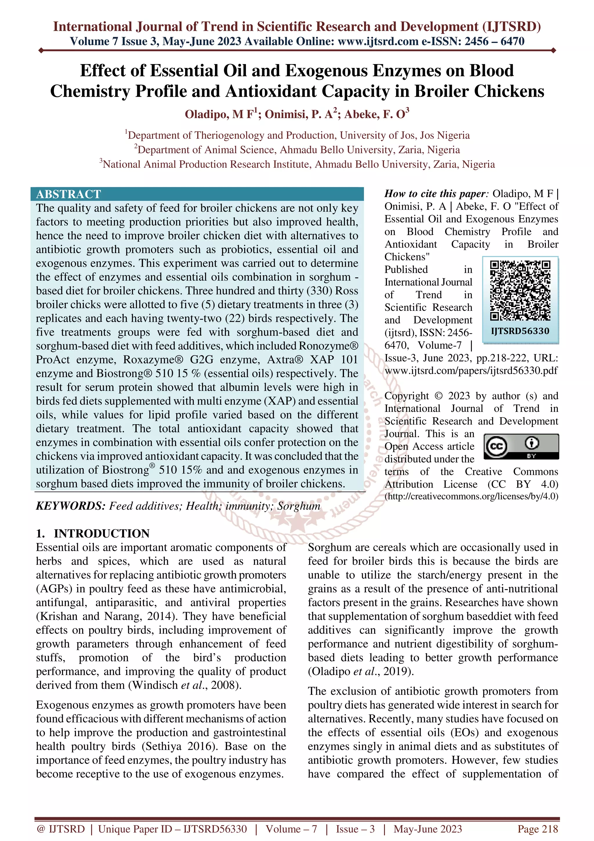 Effect of Essential Oil and Exogenous Enzymes on Blood Chemistry ...