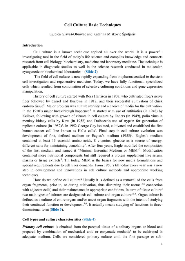 Cell Culture Basic Techniques | PDF