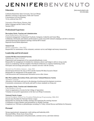 Jennifer Benvenuto Resume | DOCX | Non-Profit Organizations | Industries