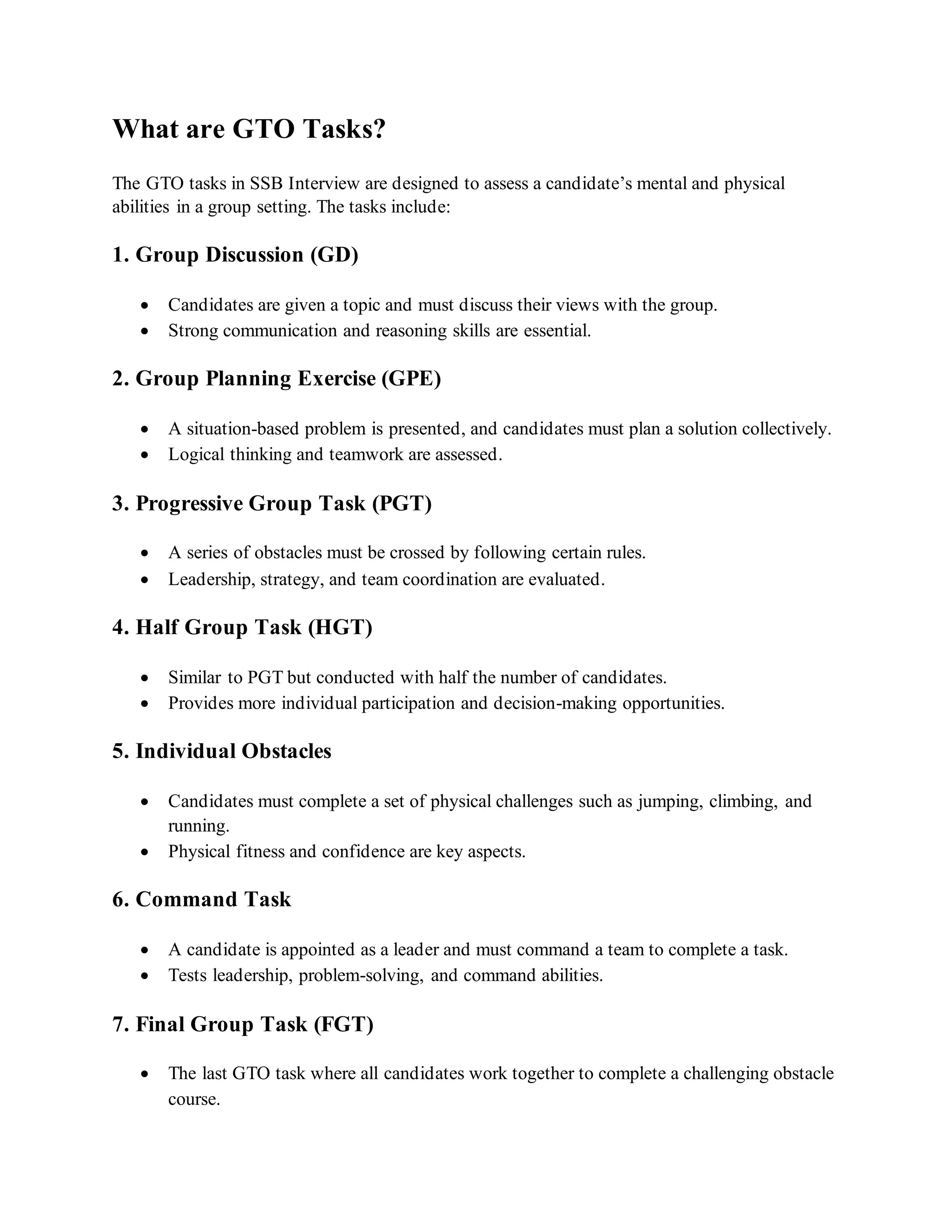 GTO Tasks in SSB Interview – A Complete Guide | PDF