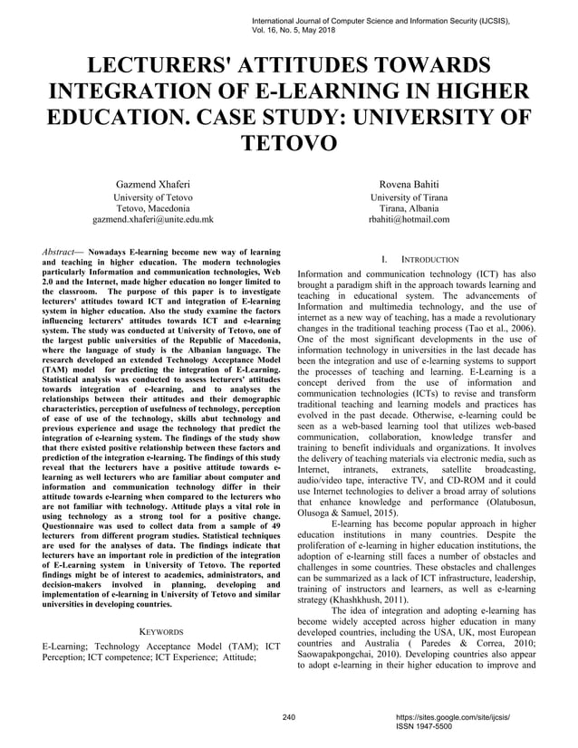 Lecturers' Attitudes towards Integration of E-Learning in Higher ...