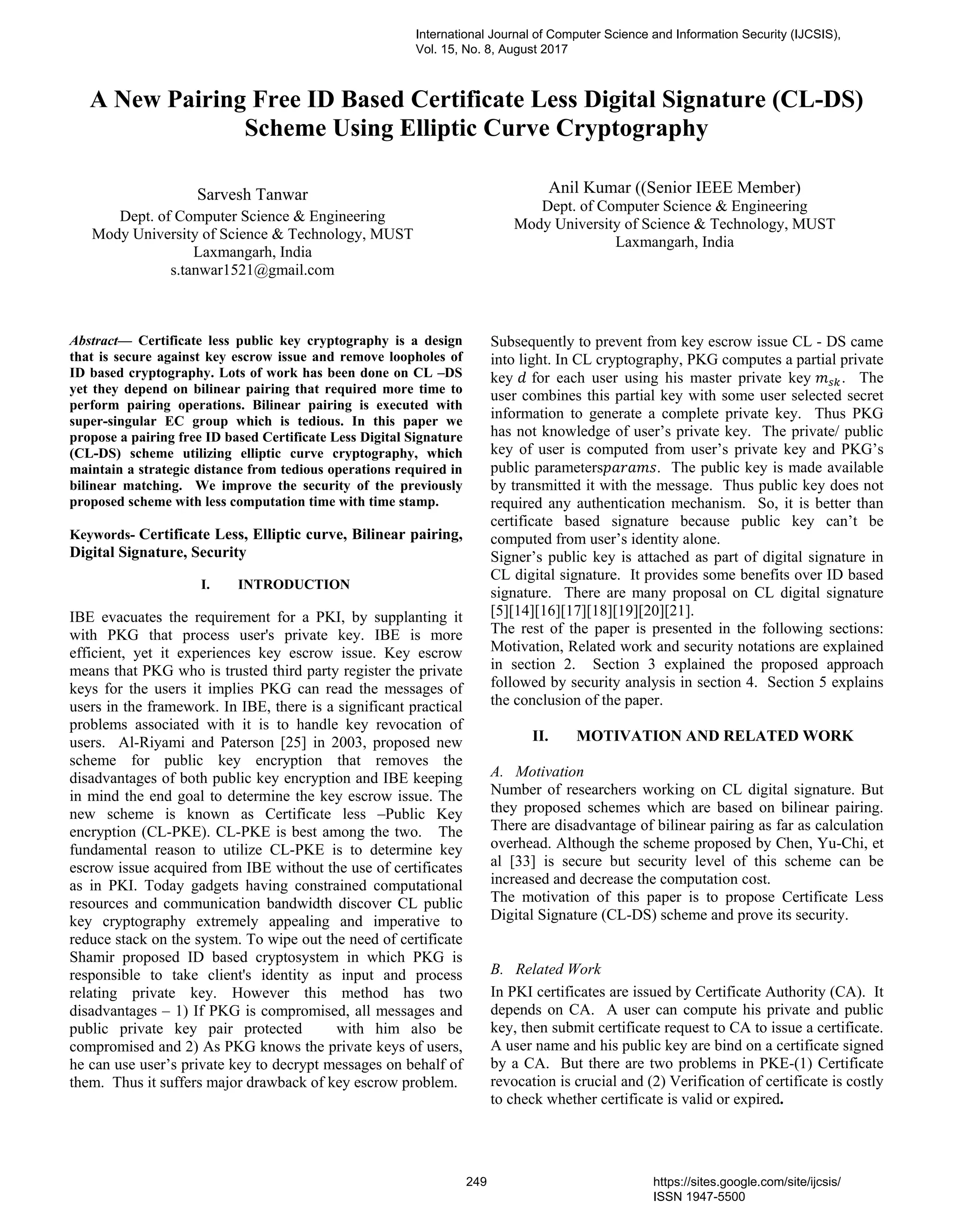 A New Pairing Free ID Based Certificate Less Digital Signature (CL-DS) Scheme Using Elliptic ...