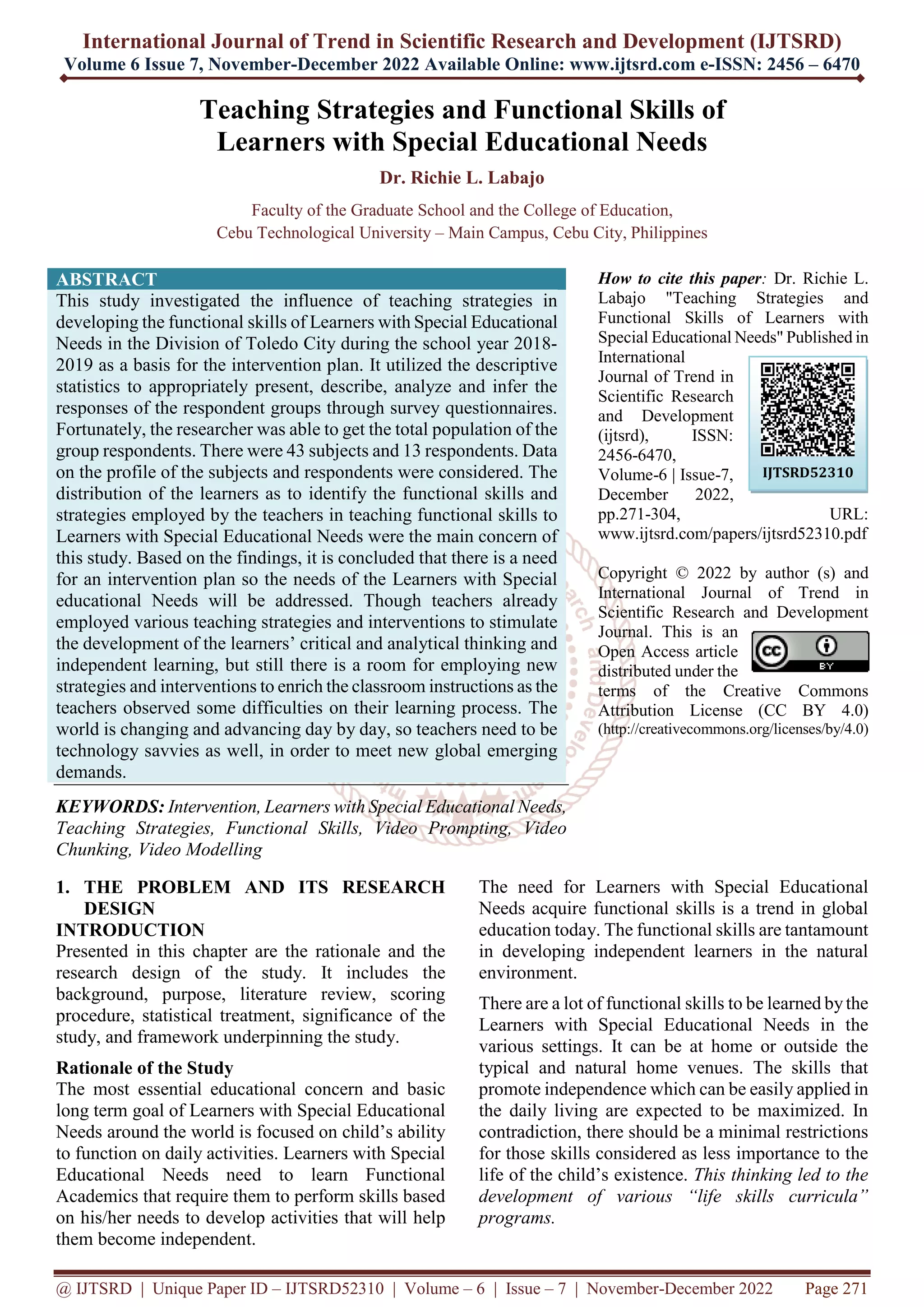 Teaching Strategies and Functional Skills of Learners with Special ...