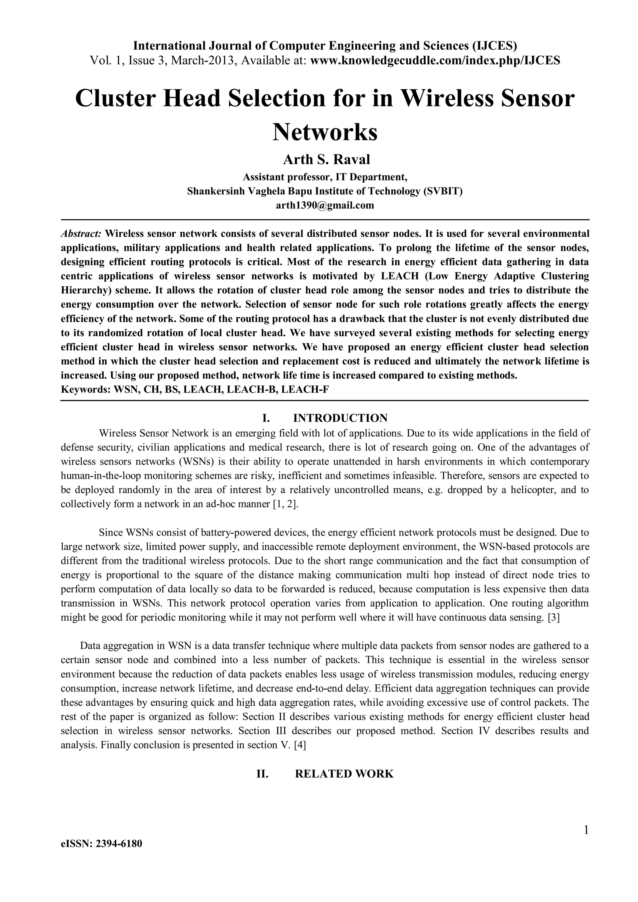 Cluster Head Selection for in Wireless Sensor Networks | PDF