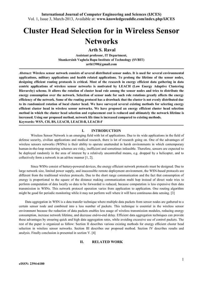 Cluster Head Selection for in Wireless Sensor Networks | PDF