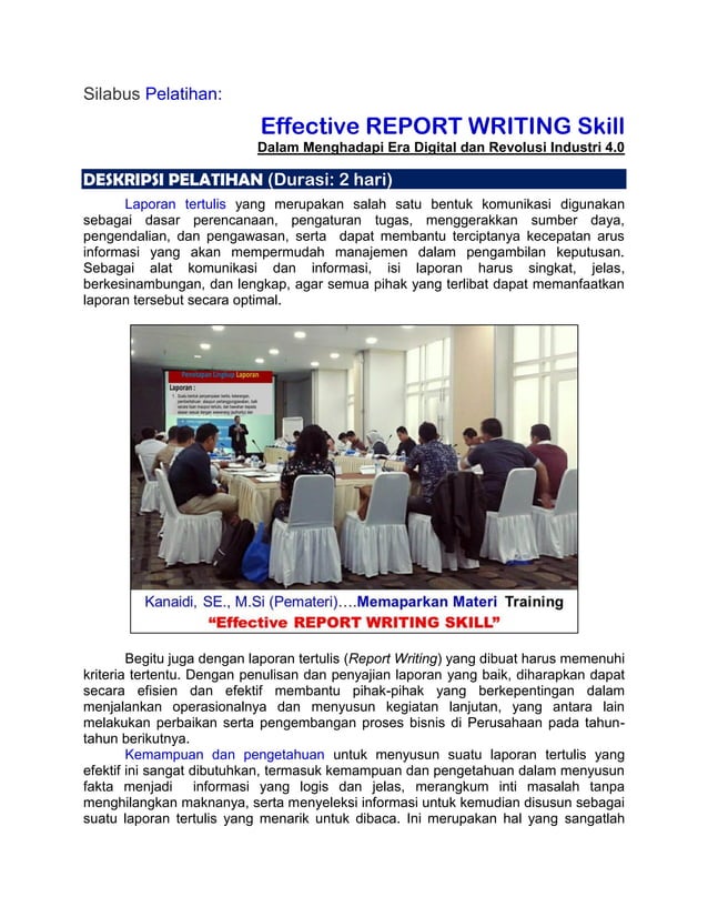 Silabus Training "Effective REPORT WRITING SKILL_di Era Digital dan Revolusi Industri 4.0" | PDF