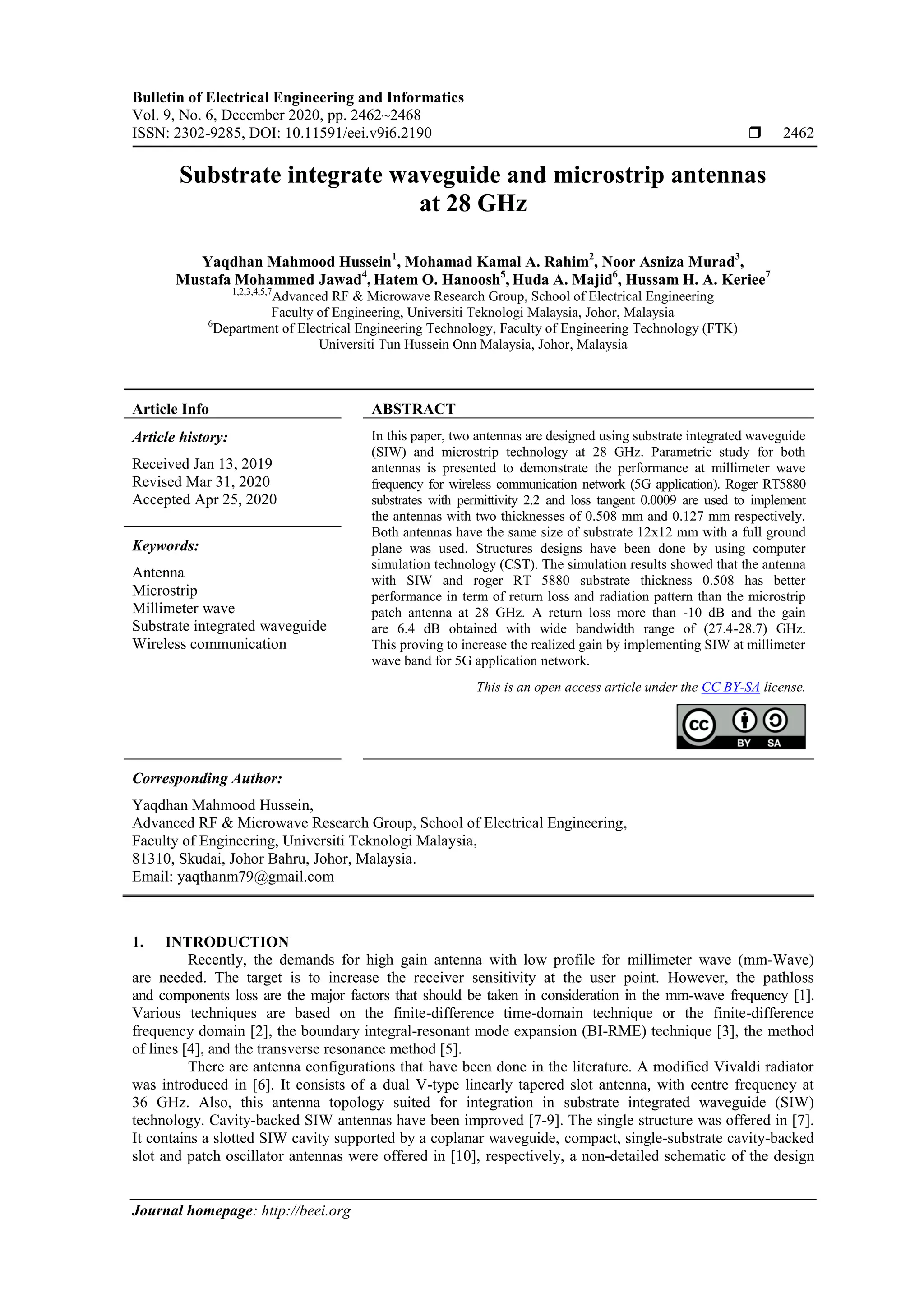 Substrate integrate waveguide and microstrip antennas at 28 GHz | PDF