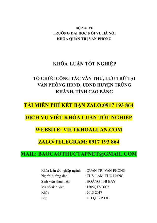 Khóa luận: Công tác văn thư, lưu trữ tại Văn phòng HĐND, UBND, HAY, 9 ĐIỂM | DOC